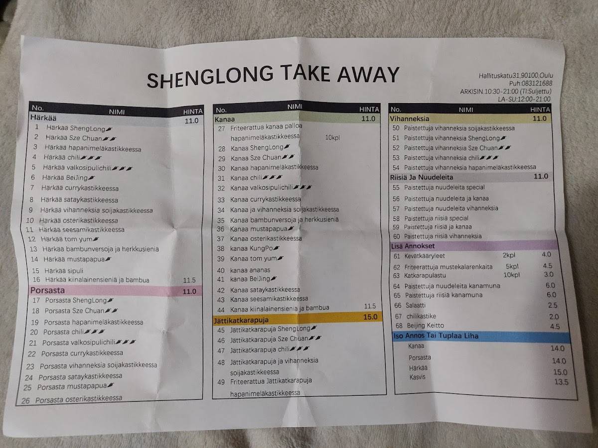 Menu at Sheng Long restaurant, Oulu