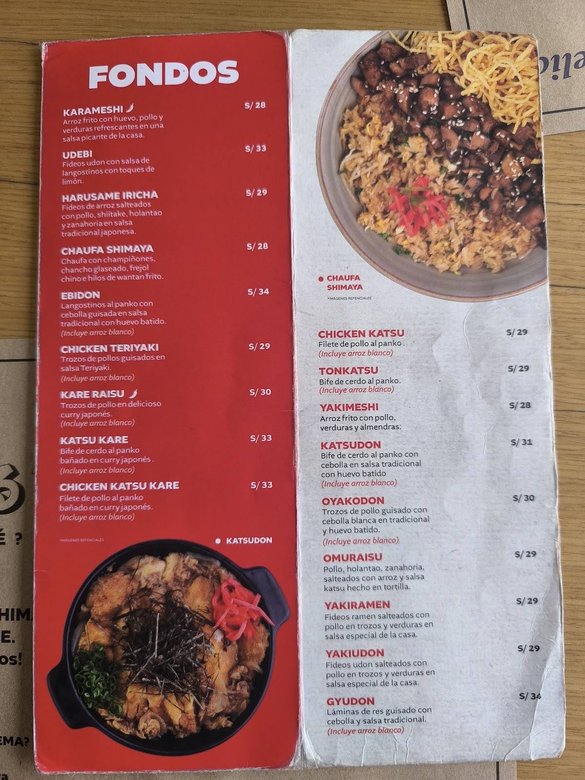 Carta del restaurante Shimaya Ramen, Jesus Maria, P.º Belaunde Terry 20