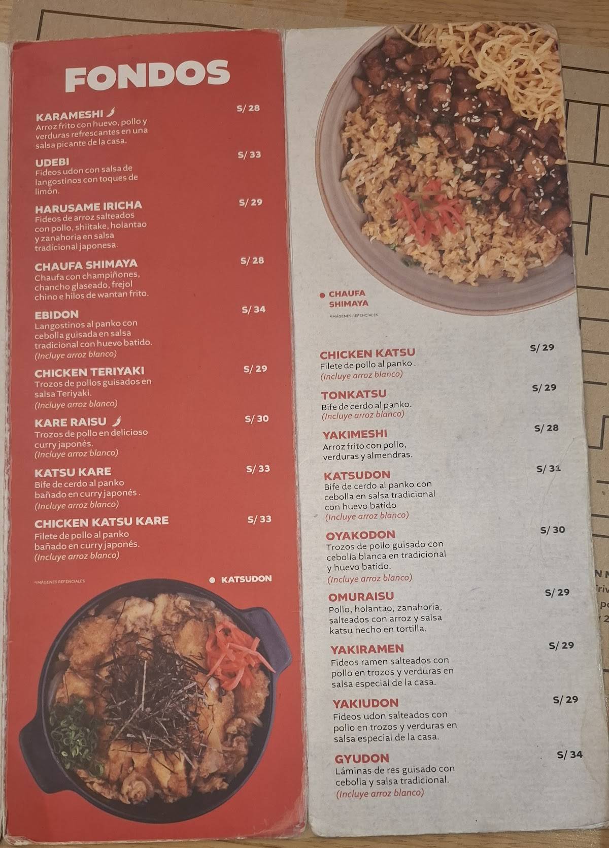 Carta del restaurante Shimaya Ramen, Jesus Maria, P.º Belaunde Terry 20