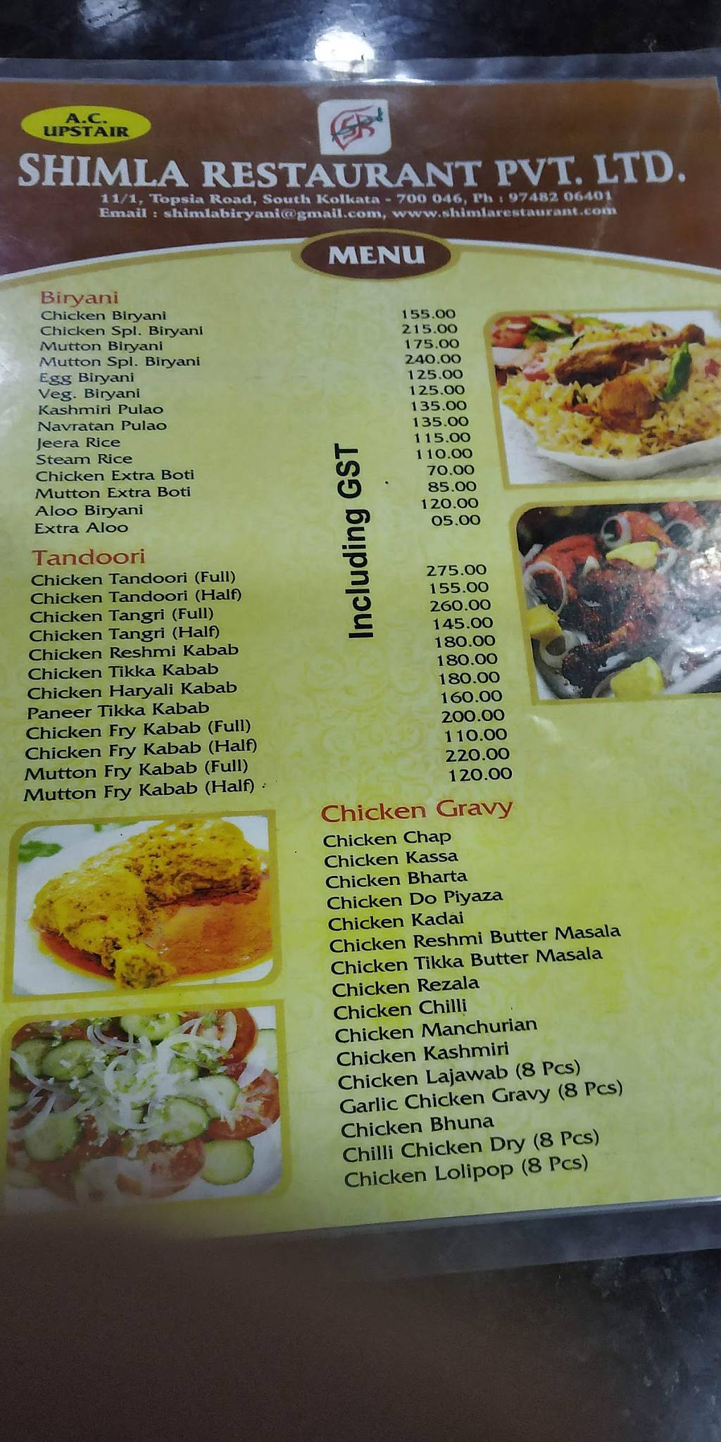 Menu at Shimla Biryani, Kolkata, 11/1