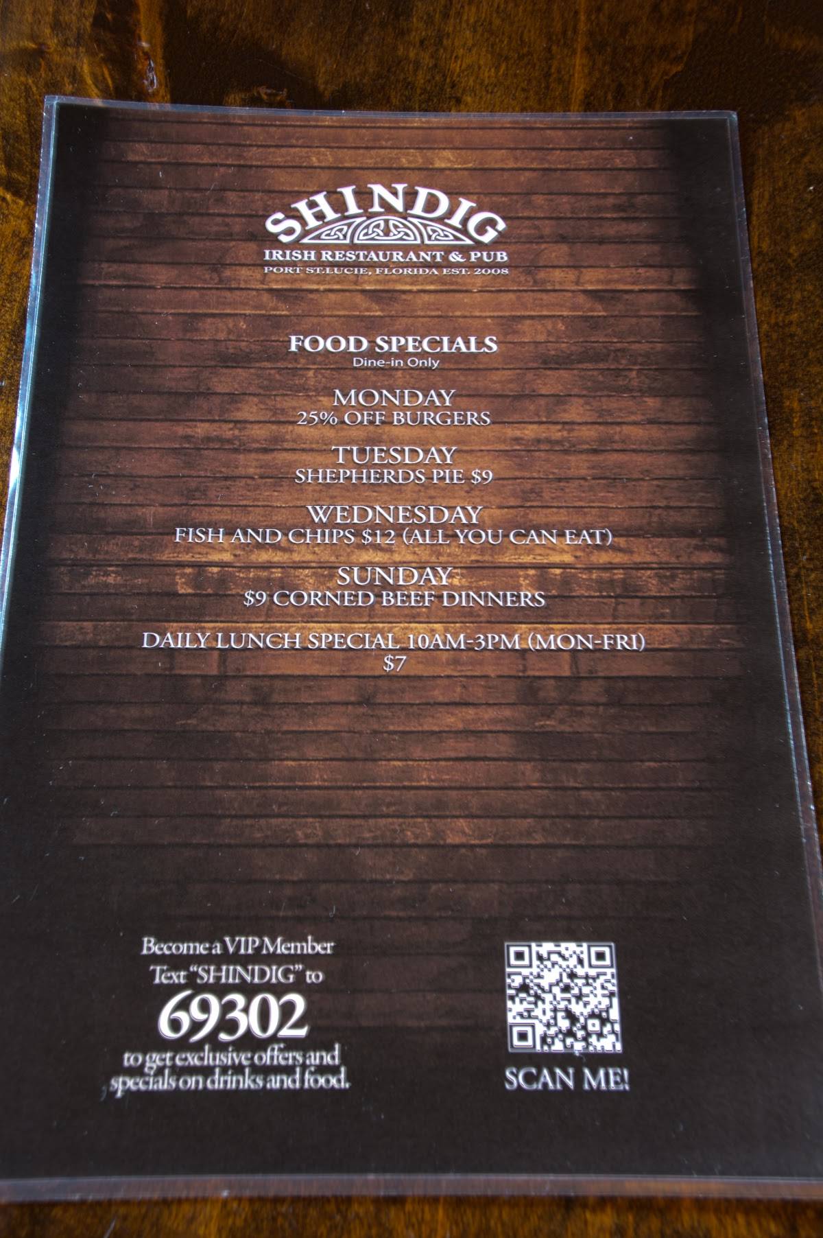 Menu at Shindig Irish Restaurant & Pub, Port St. Lucie