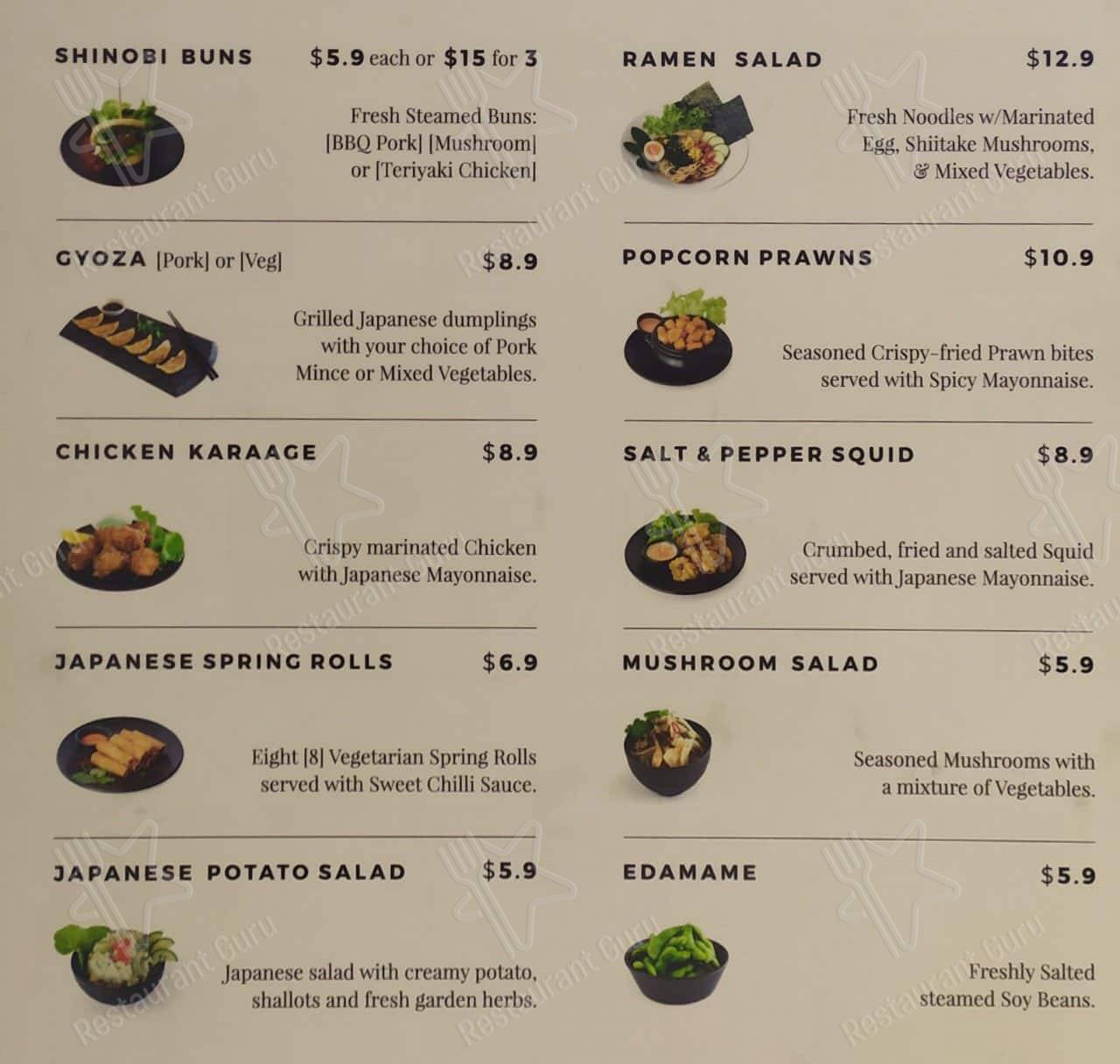 Menu at Shinobi Ramen restaurant, Carindale