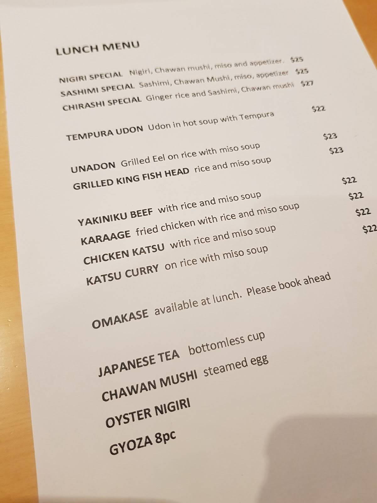 Menu at Shira Nui restaurant, Glen Waverley
