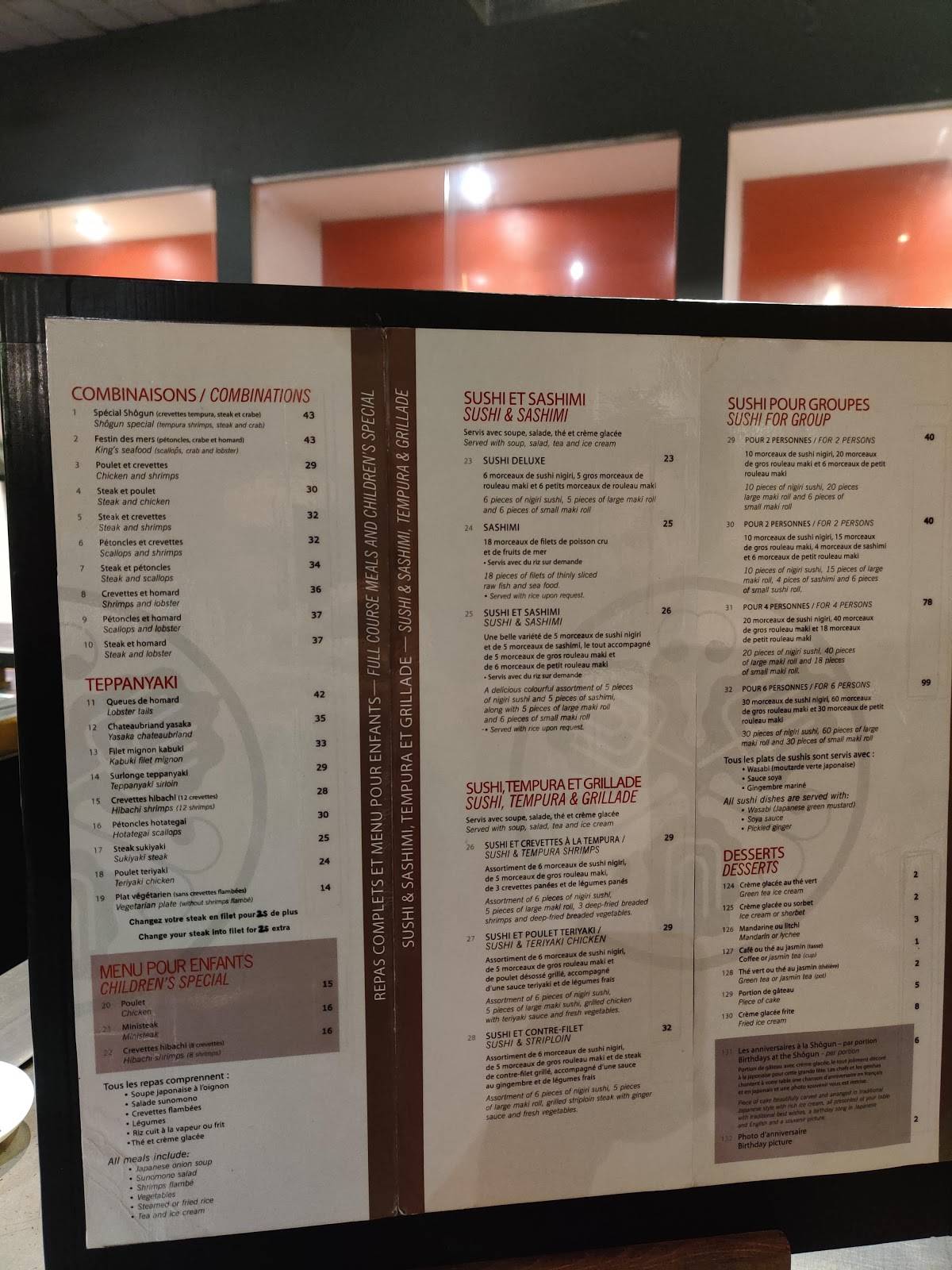 Menu au Shogun restaurant, Brossard