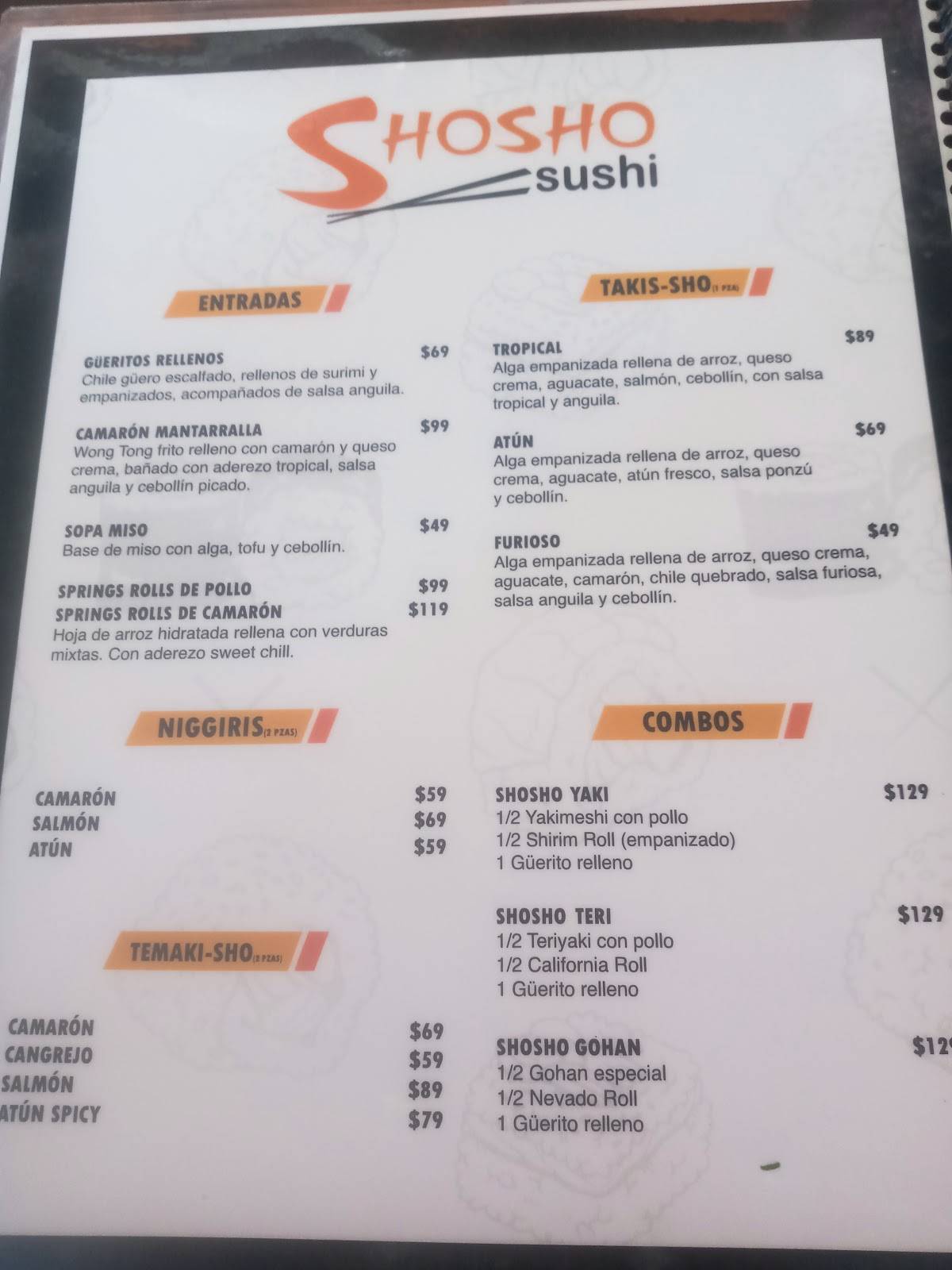Carta del restaurante Shosho Sushi, Tijuana, Calz del Tecnológico 2100