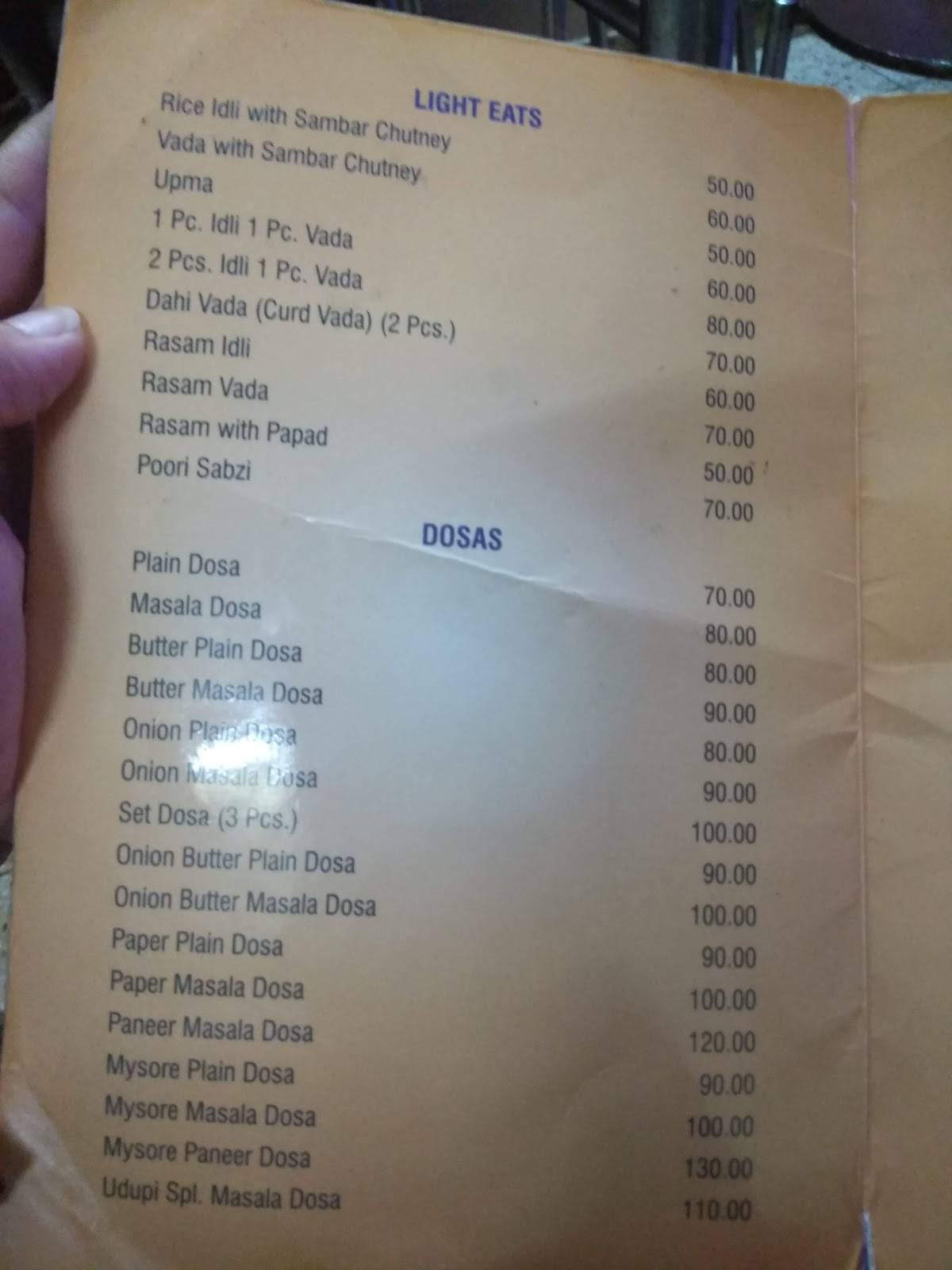 Menu at Shree Krishna Udupi, New Delhi, J5RH+VFJ