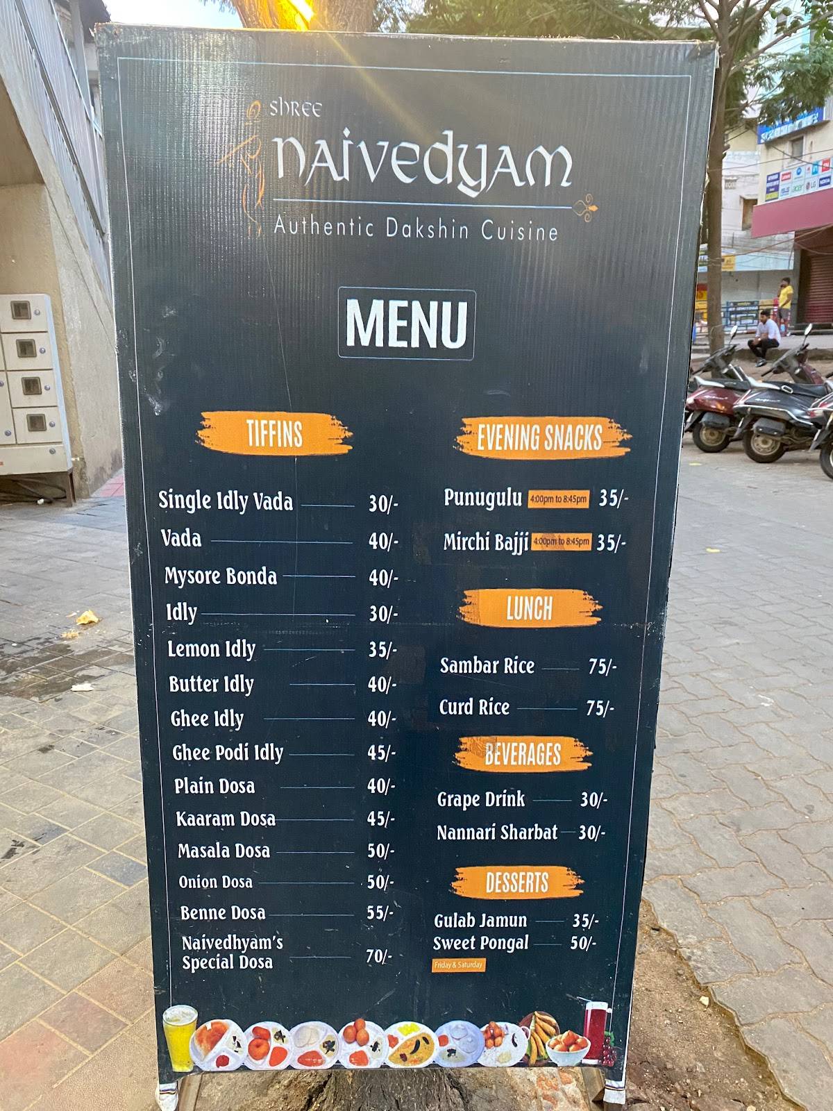 Menu at Shree Naivedyam, Hyderabad, Metro Station