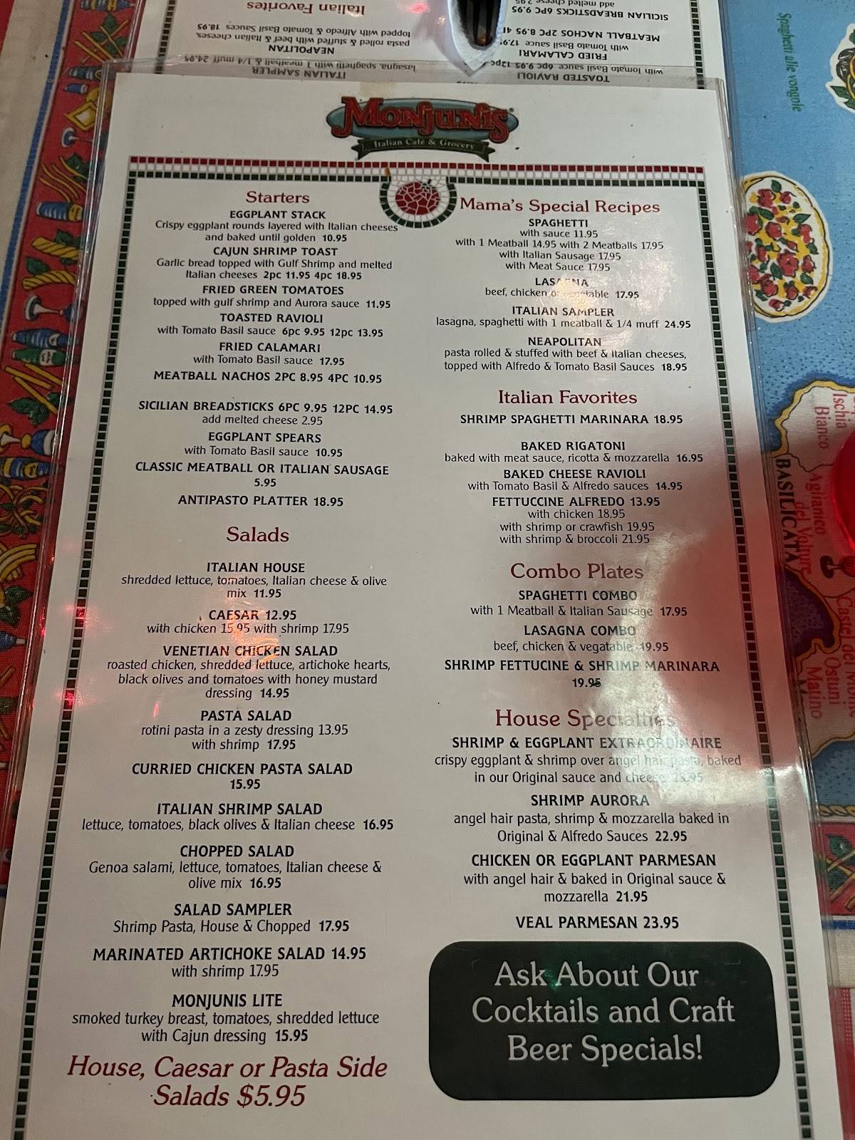 Menu at Monjunis Italian Cafe & Grocery, Shreveport, Louisiana Ave