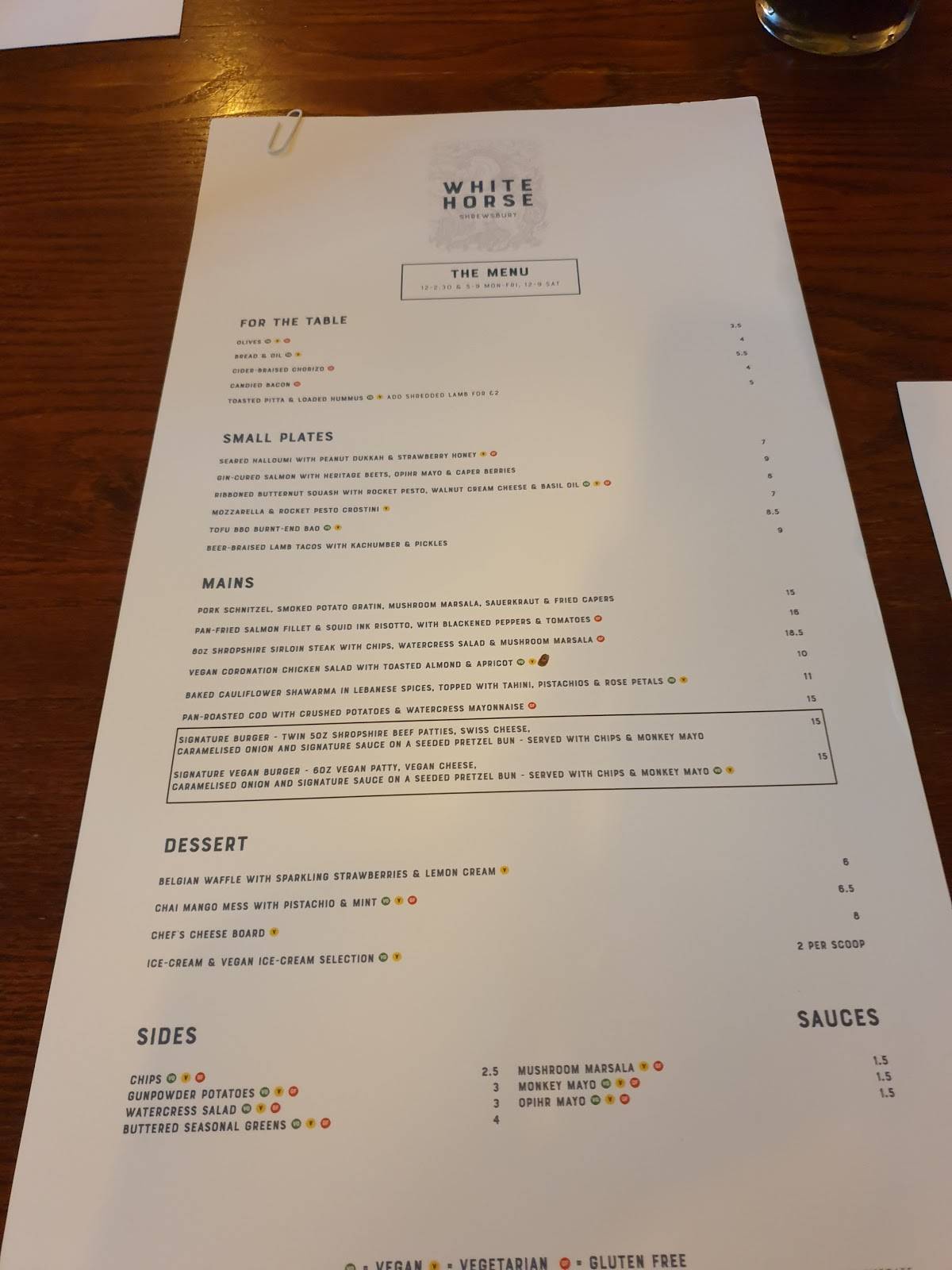 Menu at White Horse pub & bar, Shrewsbury