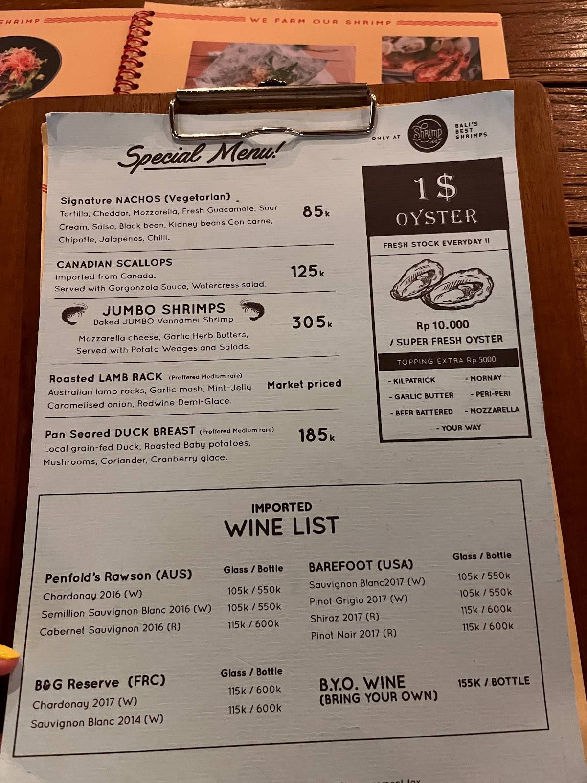 Menu at Shrimpis Restaurant, Mengwi