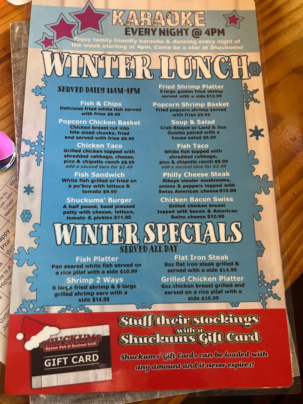 Menu at Shuckums Oyster Pub & Seafood Grill, Panama City Beach
