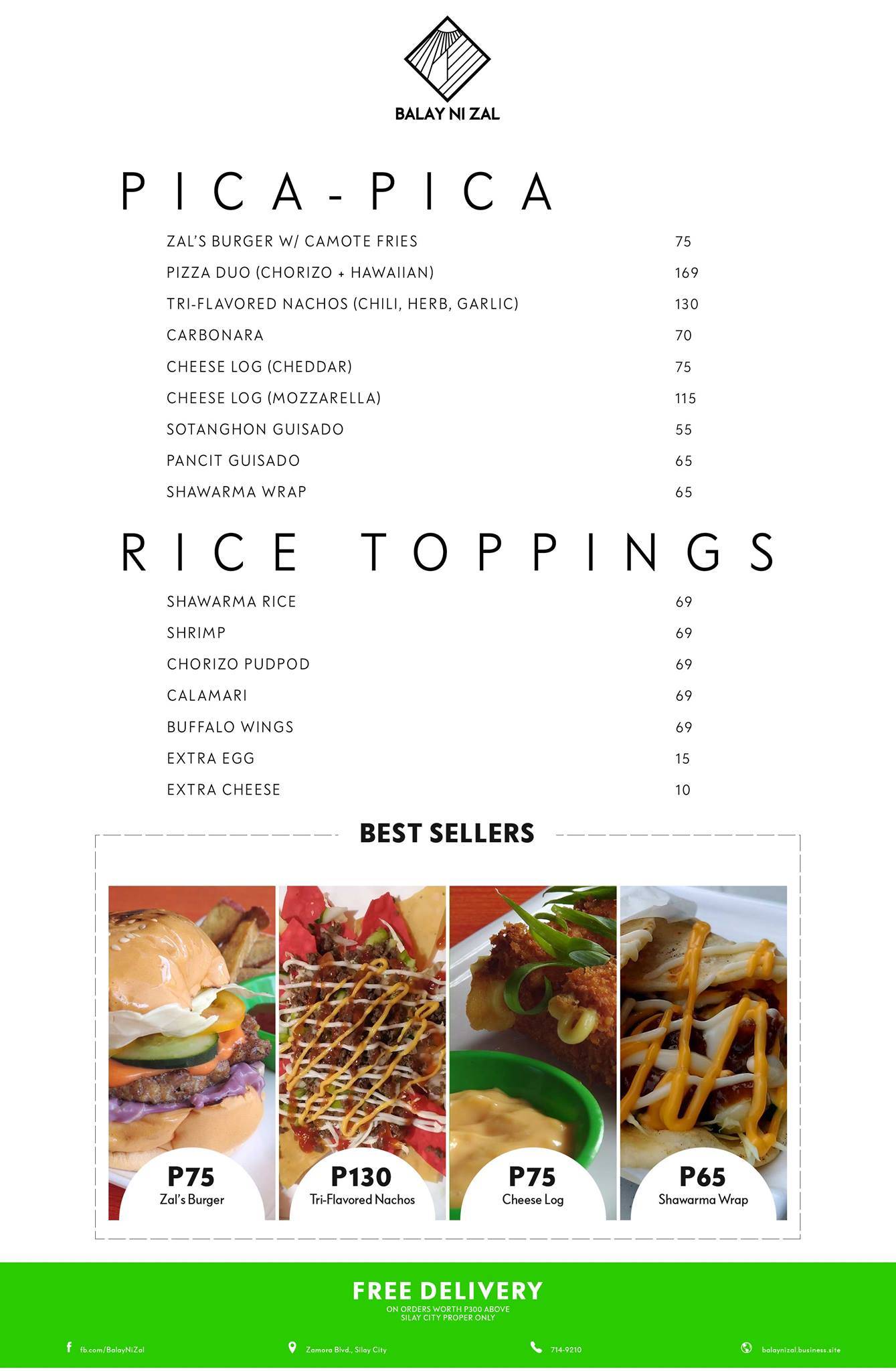 Carta del restaurante Balay Ni Zal, Silay City, Zamora Boulevard