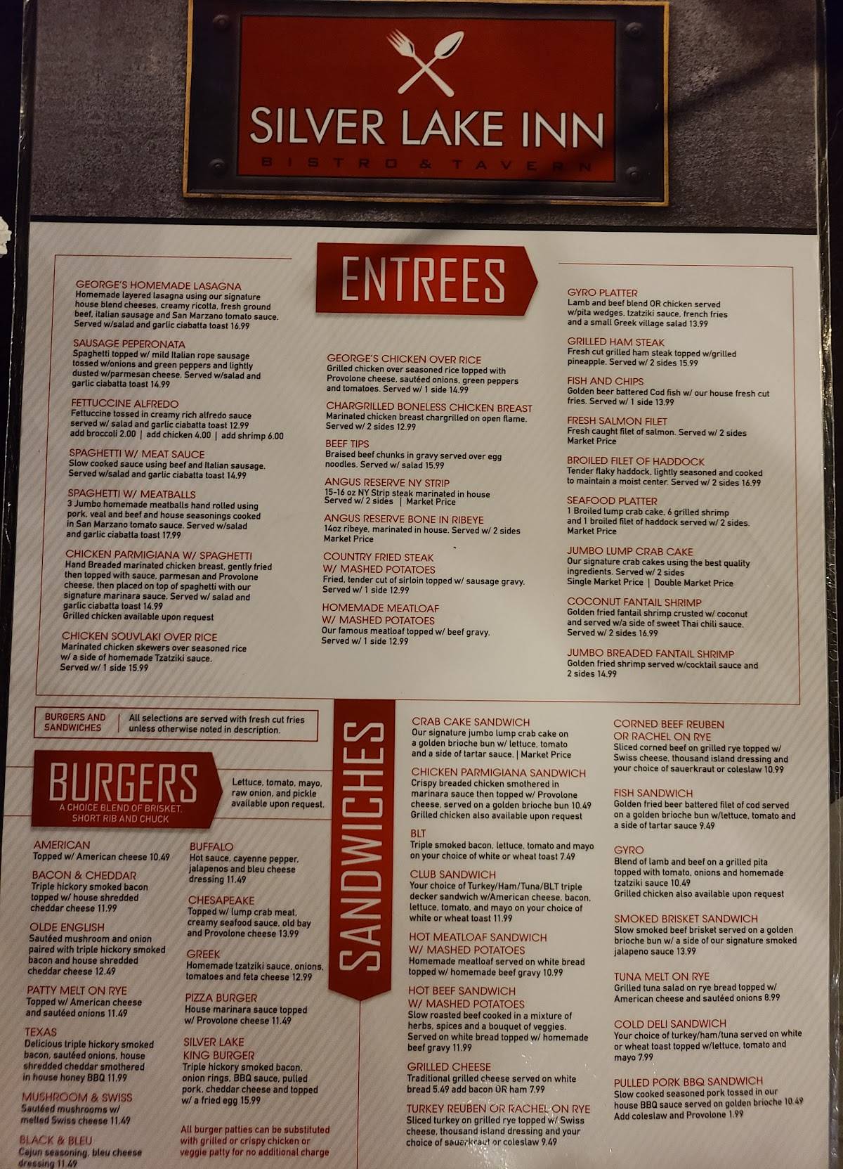 Menu at Silver Lake Inn Bistro & Tavern pizzeria, Lewisberry