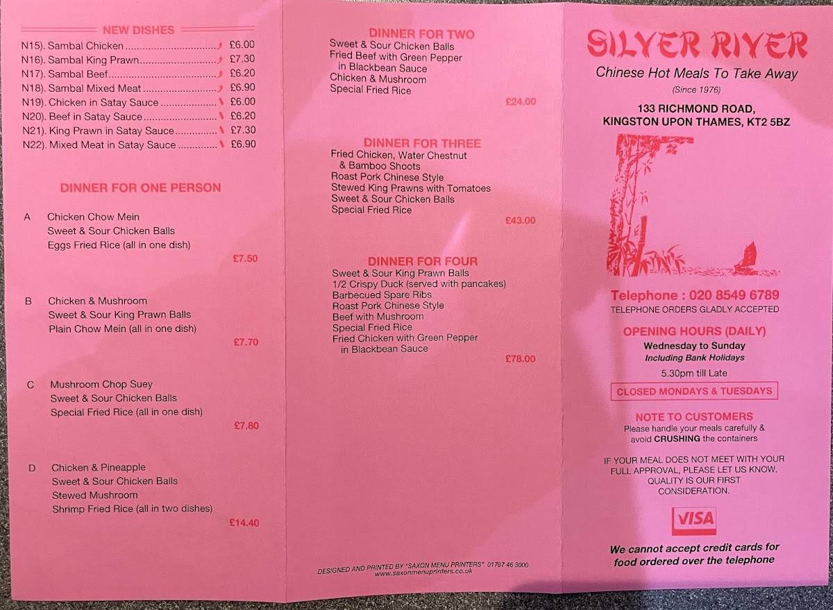 Menu at Silver River fast food, Kingston upon Thames, 133 Richmond Rd