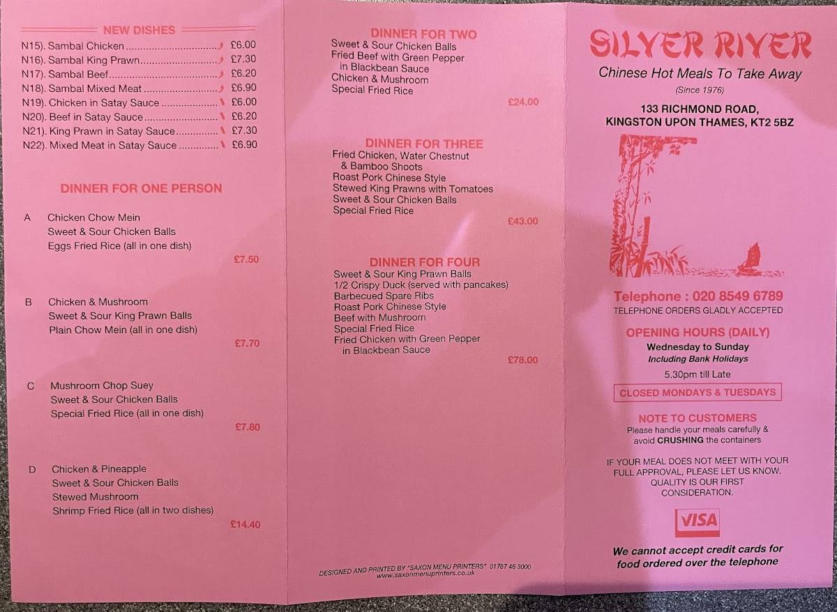 Menu at Silver River fast food, Kingston upon Thames, 133 Richmond Rd