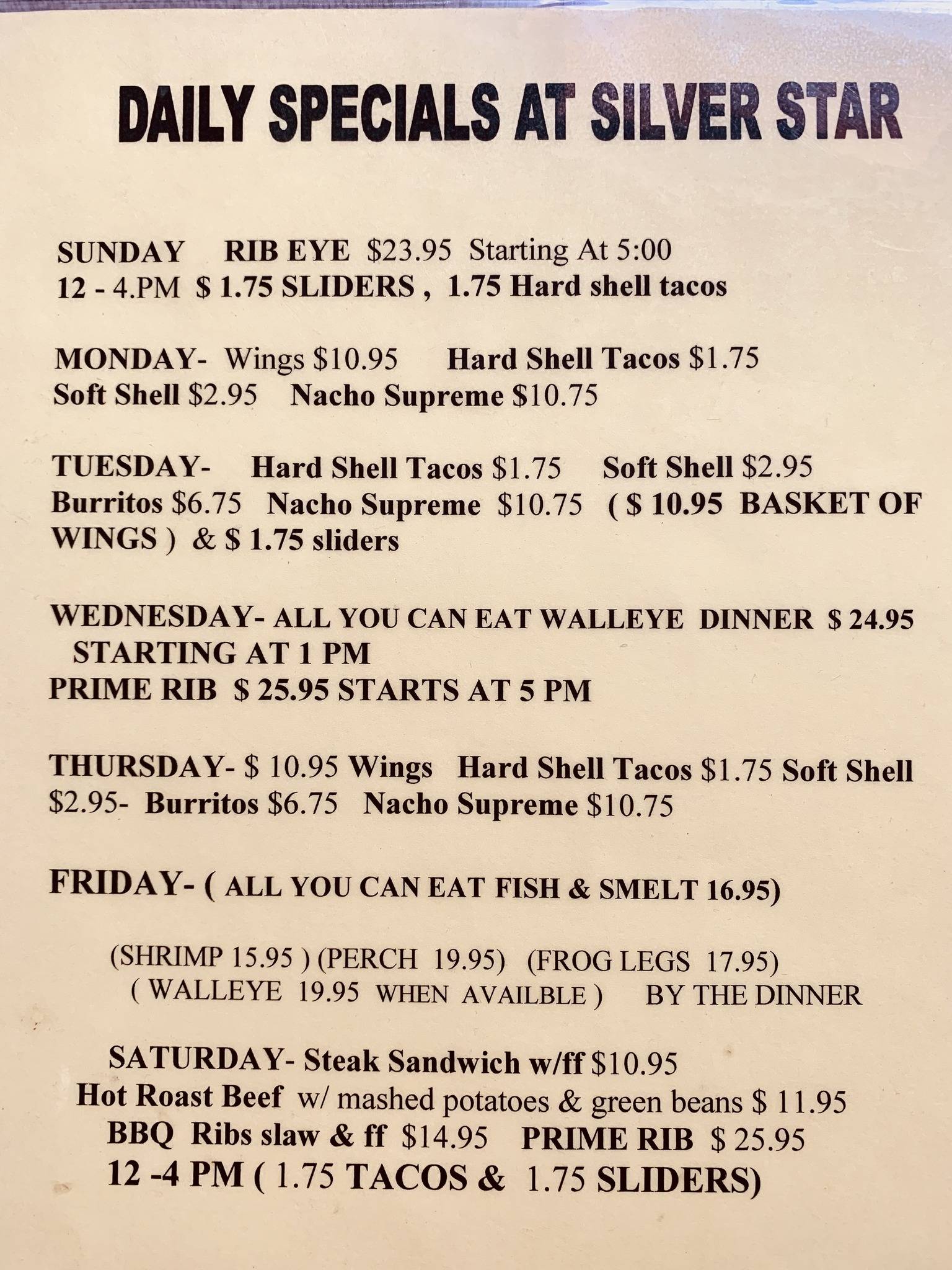 Menu at Silver star bar, Maybee