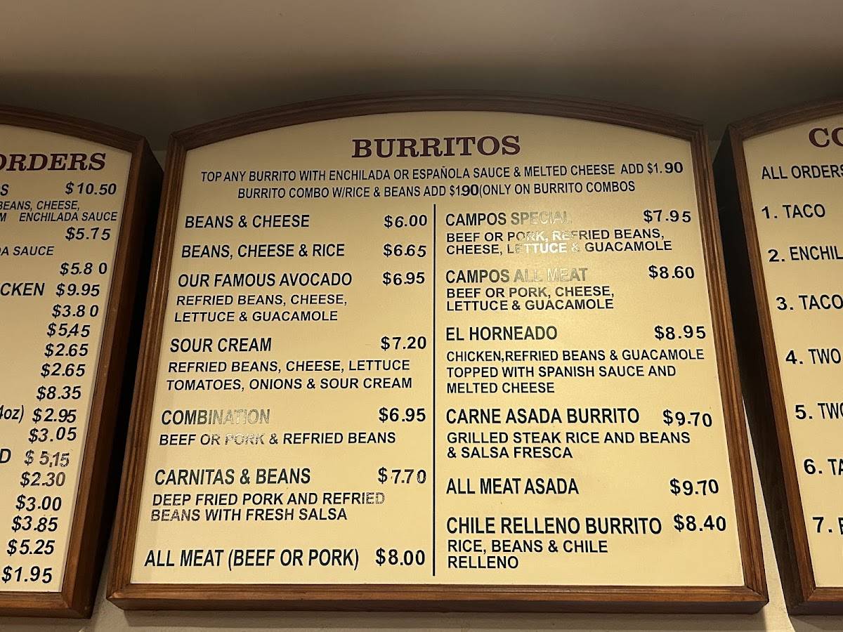 Menu at Campos Famous Burritos restaurant, Simi Valley