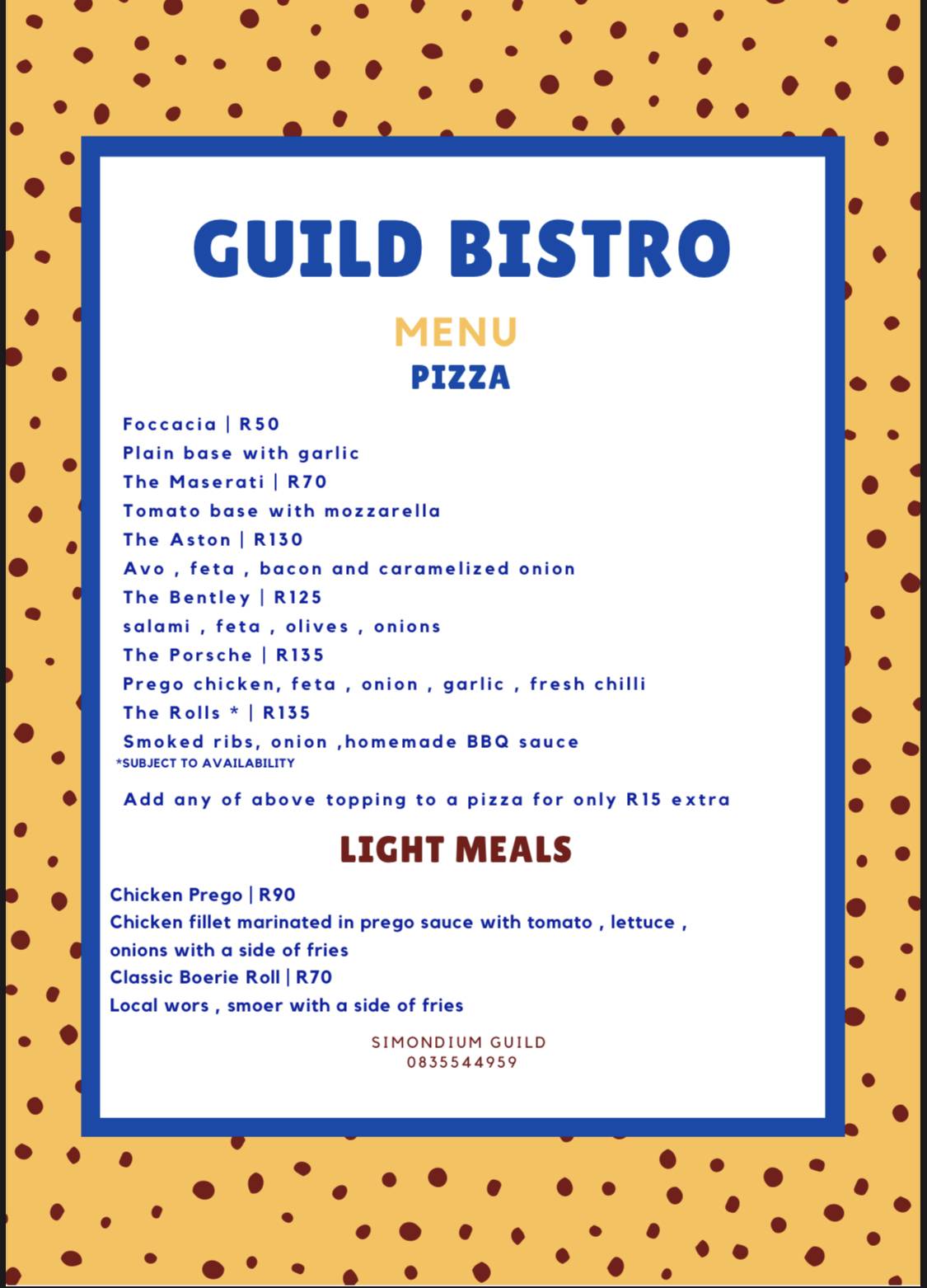 Menu at Simondium Guild Bistro restaurant, Paarl