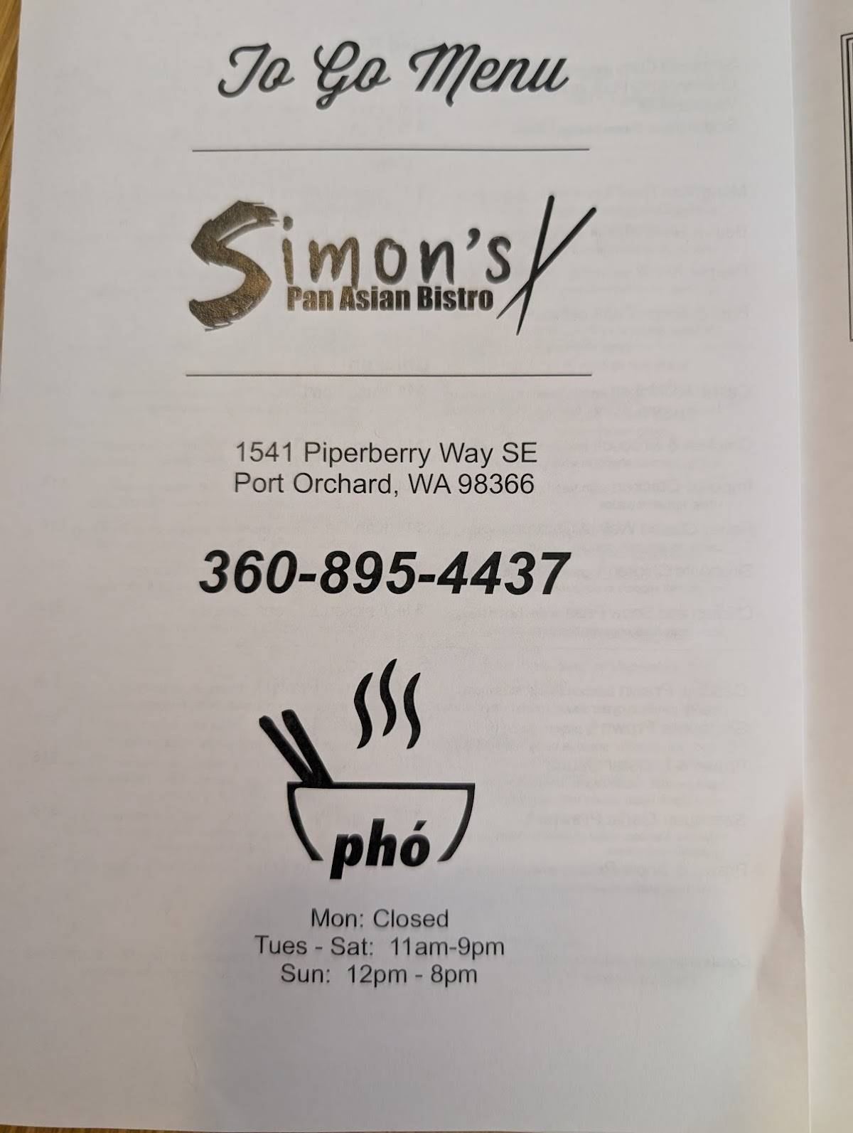 Menu at Simon's restaurant, Port Orchard