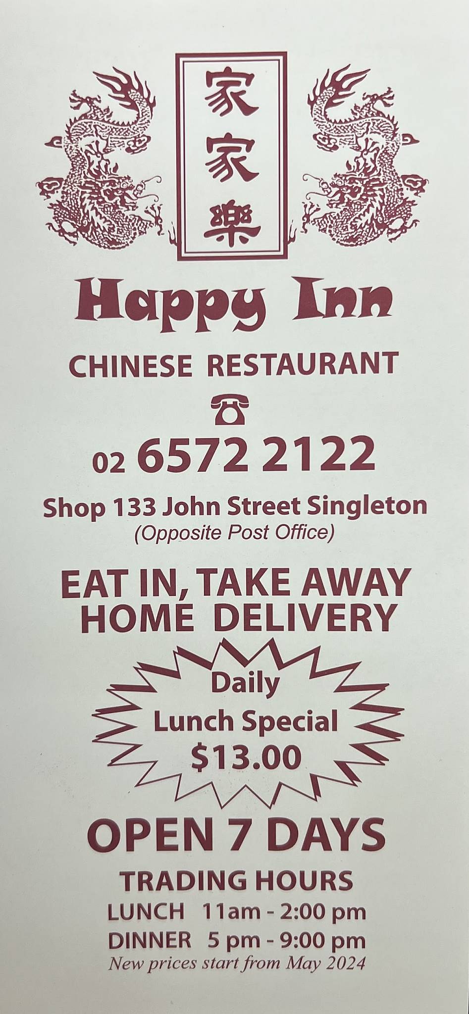 Menu at Happy Inn Restaurant, Singleton
