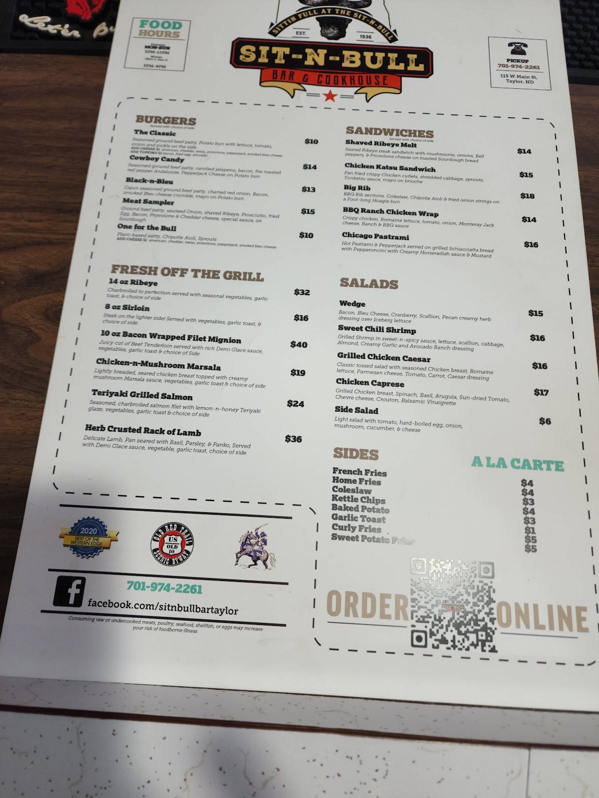 Menu at Sit-N-Bull Bar, Taylor