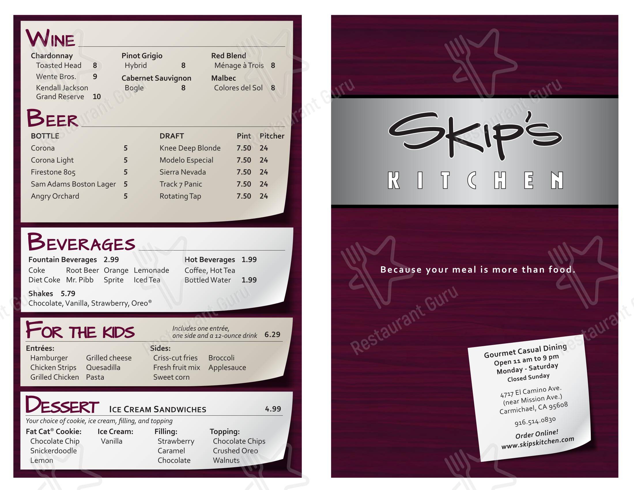 Menu at Skip's Kitchen restaurant, Carmichael