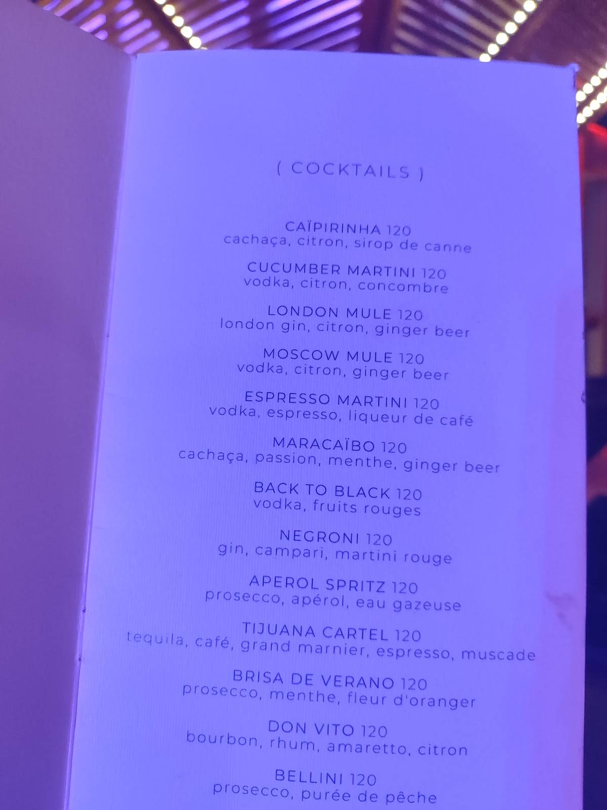 Menu au Skybar Rabat, Salé