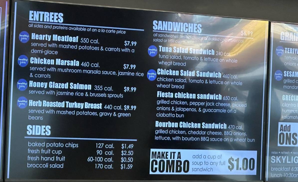 Menu at Skylight Commons Mayo Clinic restaurant, Rochester