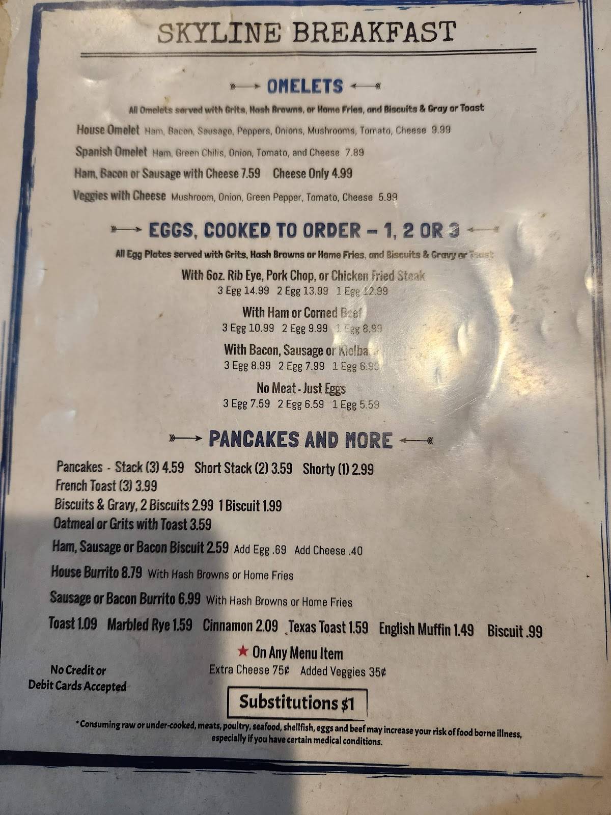 Menu at Skyline Cafe, Mena