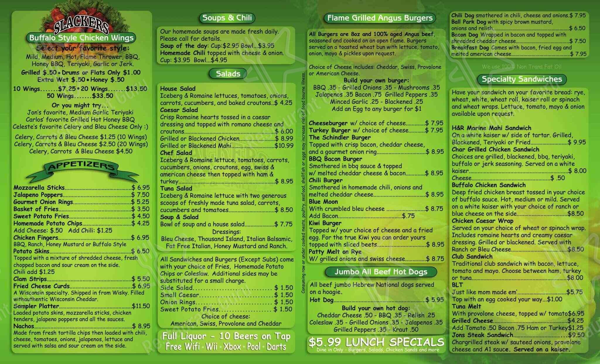 Menu at Slackers pub & bar, Fort Lauderdale, 995 W State Road 84