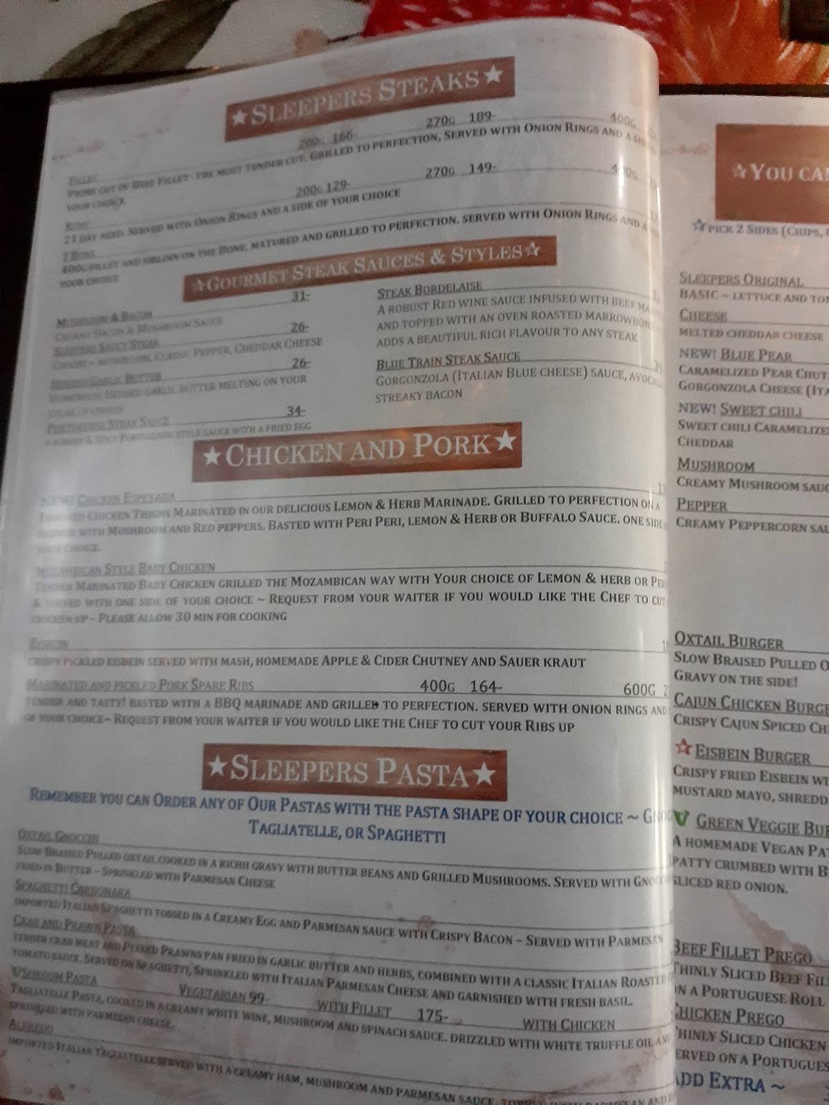 Menu at Sleepers Railway Station Restaurant., Hoedspruit