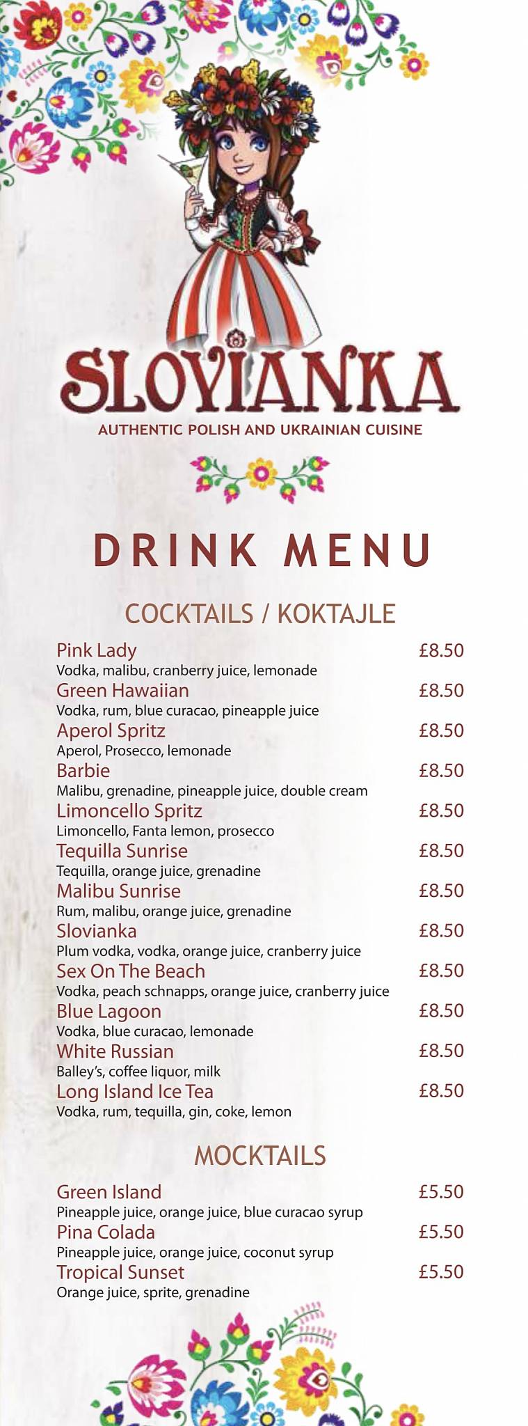Menu at Slovianka Polish & Ukrainian cuisine restaurant, Coventry