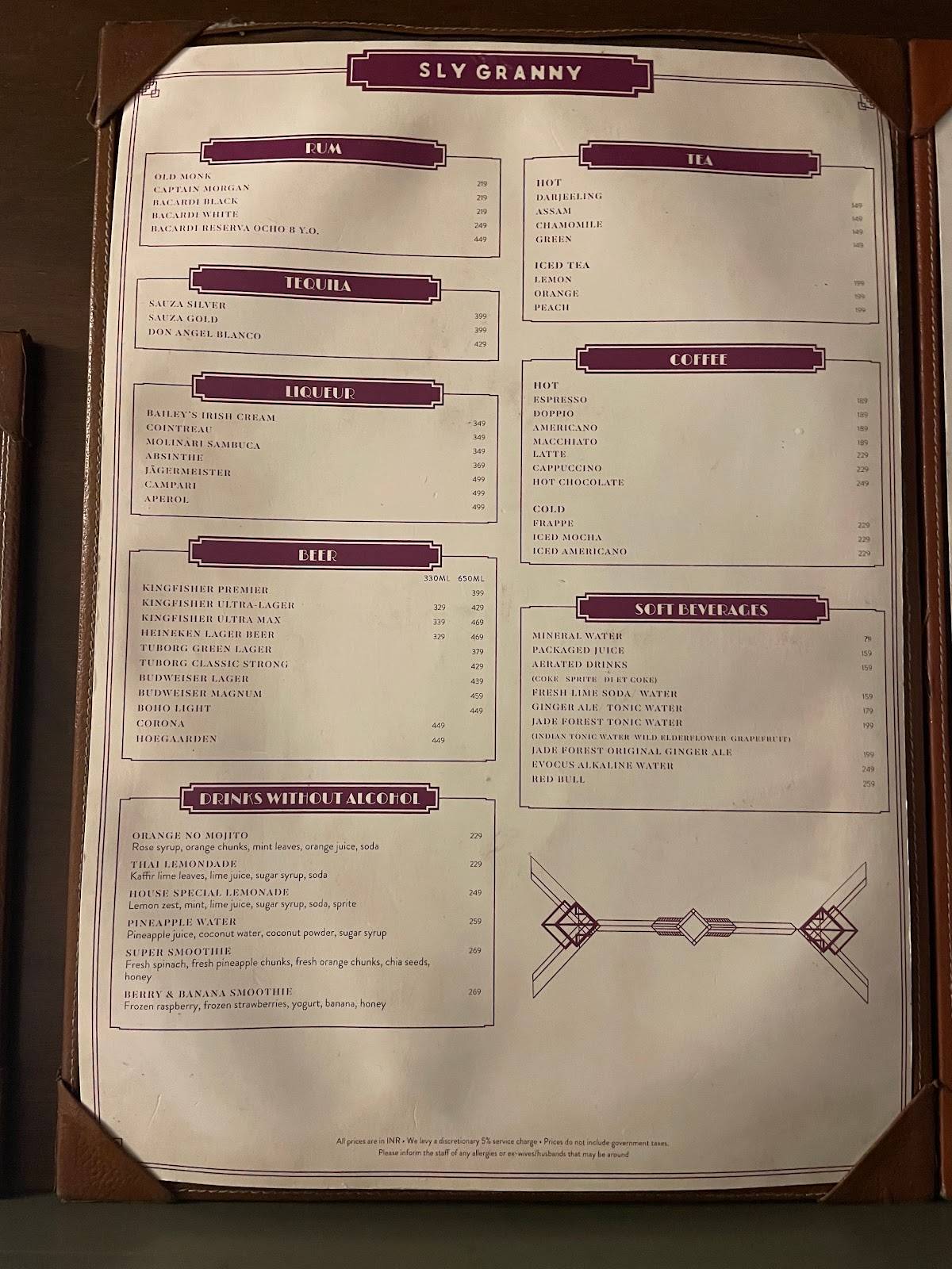 Menu at Sly Granny, Dehradun