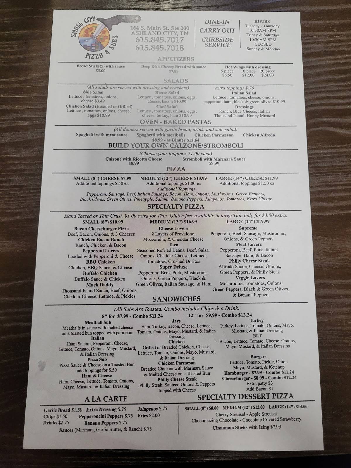 Menu at Small city pizza & subs pizzeria, Ashland City