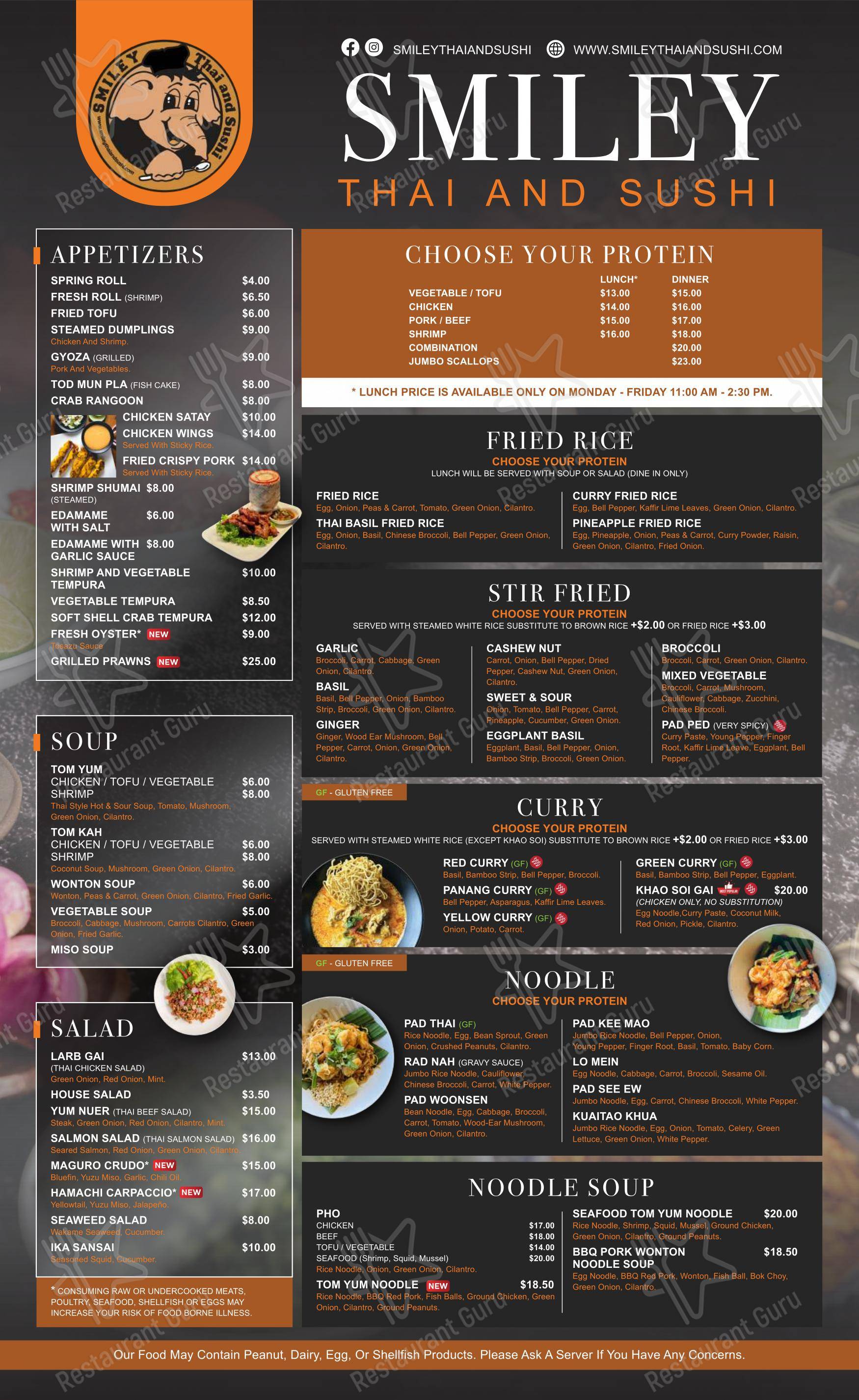 Menu at Smiley Thai and Sushi Restaurant, Mount Juliet