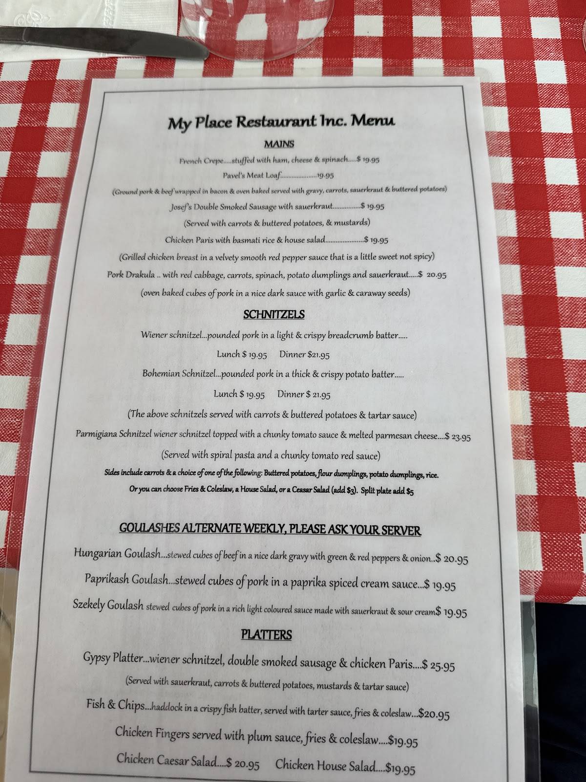 Menu at My Place Restaurant, Smiths Falls