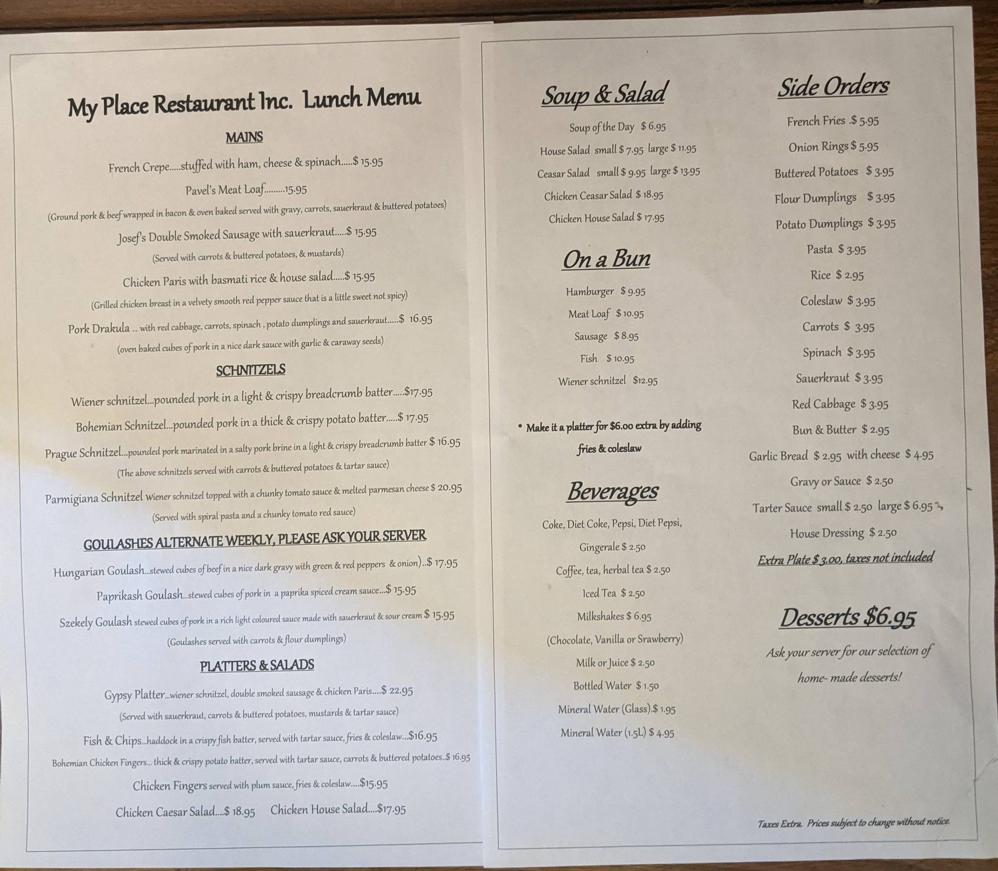 Menu at My Place Restaurant, Smiths Falls