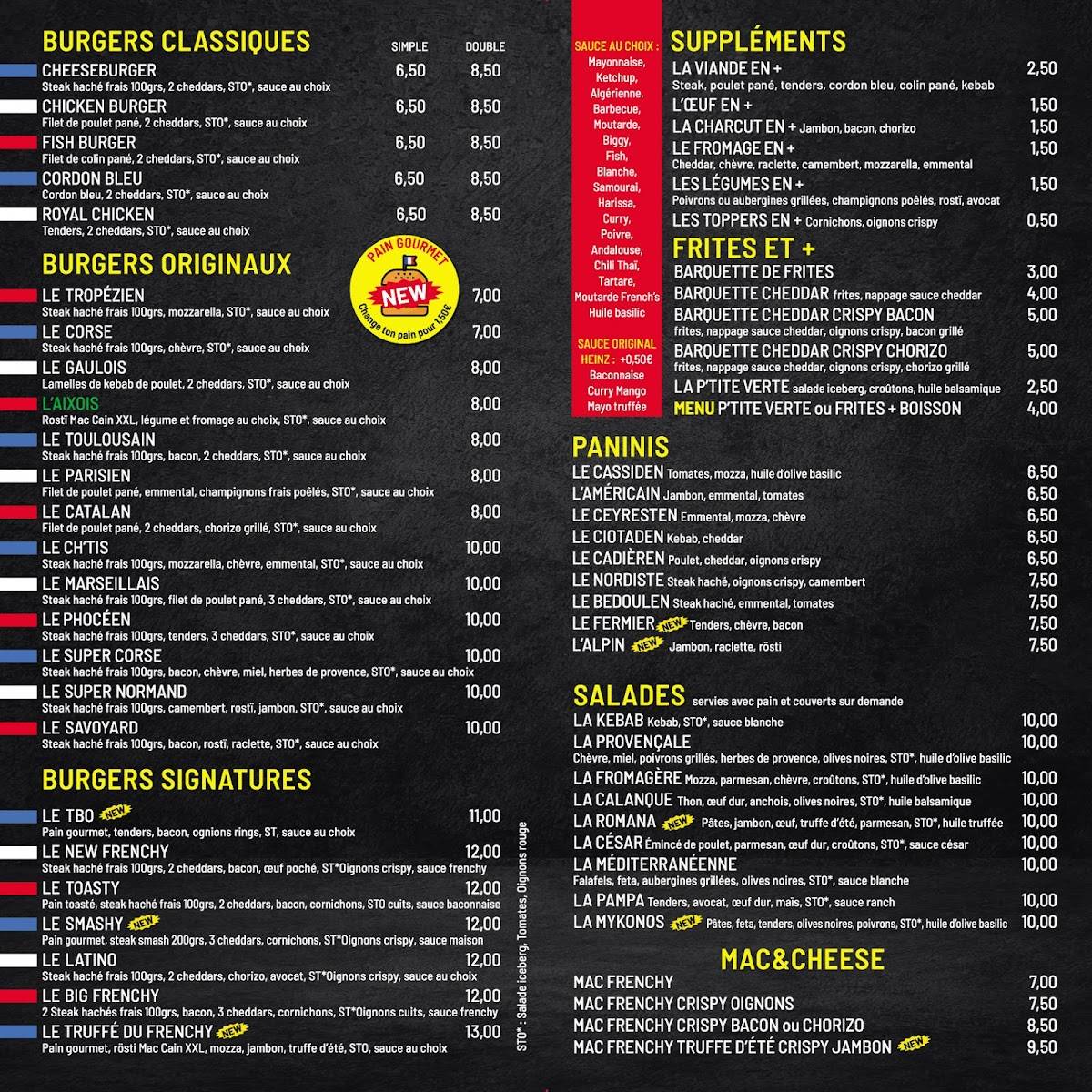 Menu au Snack Frenchy Burger restaurant, La Ciotat