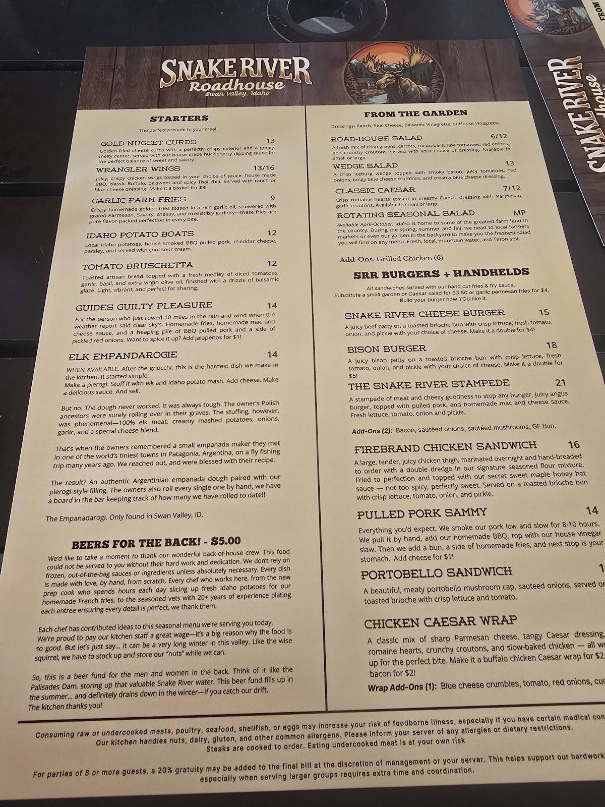 Menu at Snake River Roadhouse Bar & Grill, Swan Valley, Swan Valley Hwy