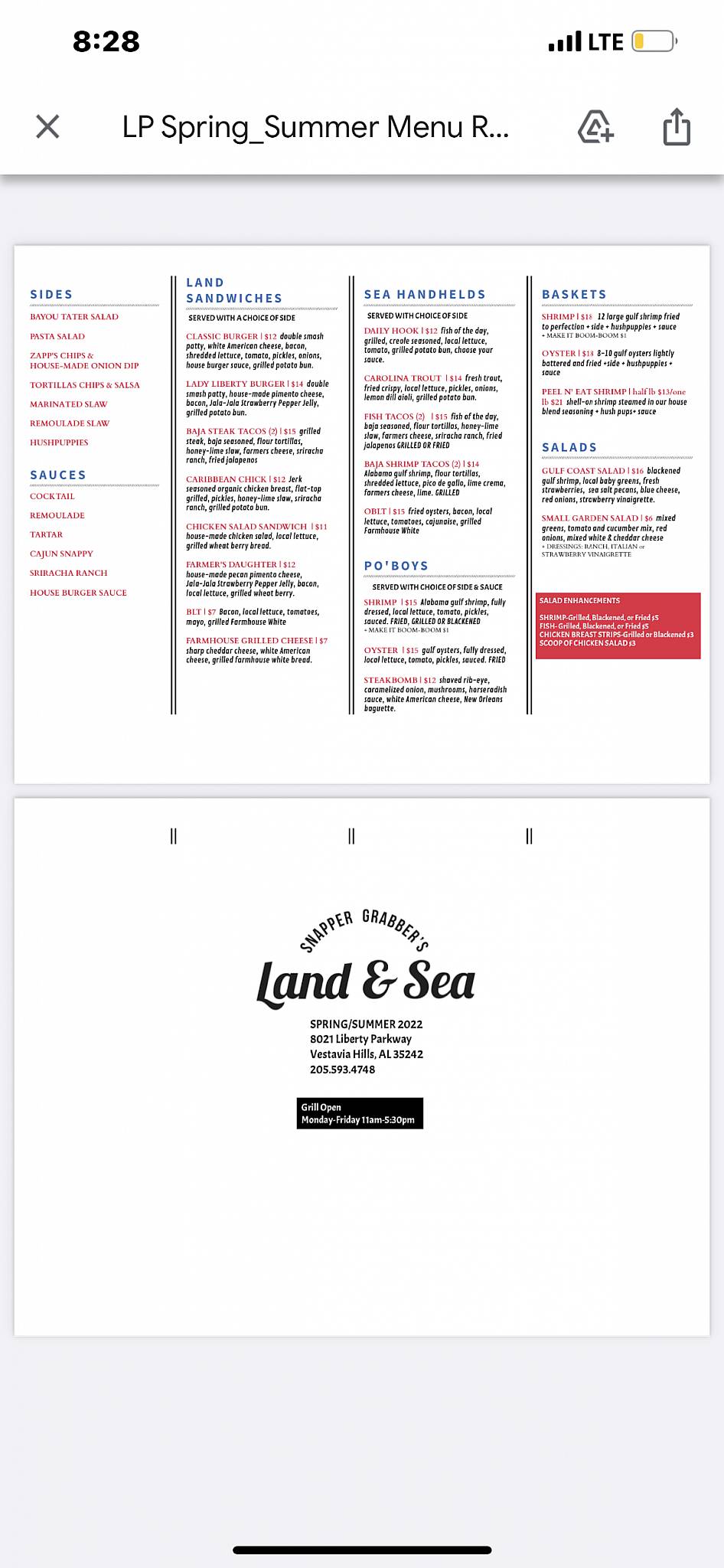 Menu at Snapper Grabbers Land & Sea restaurant, Vestavia Hills