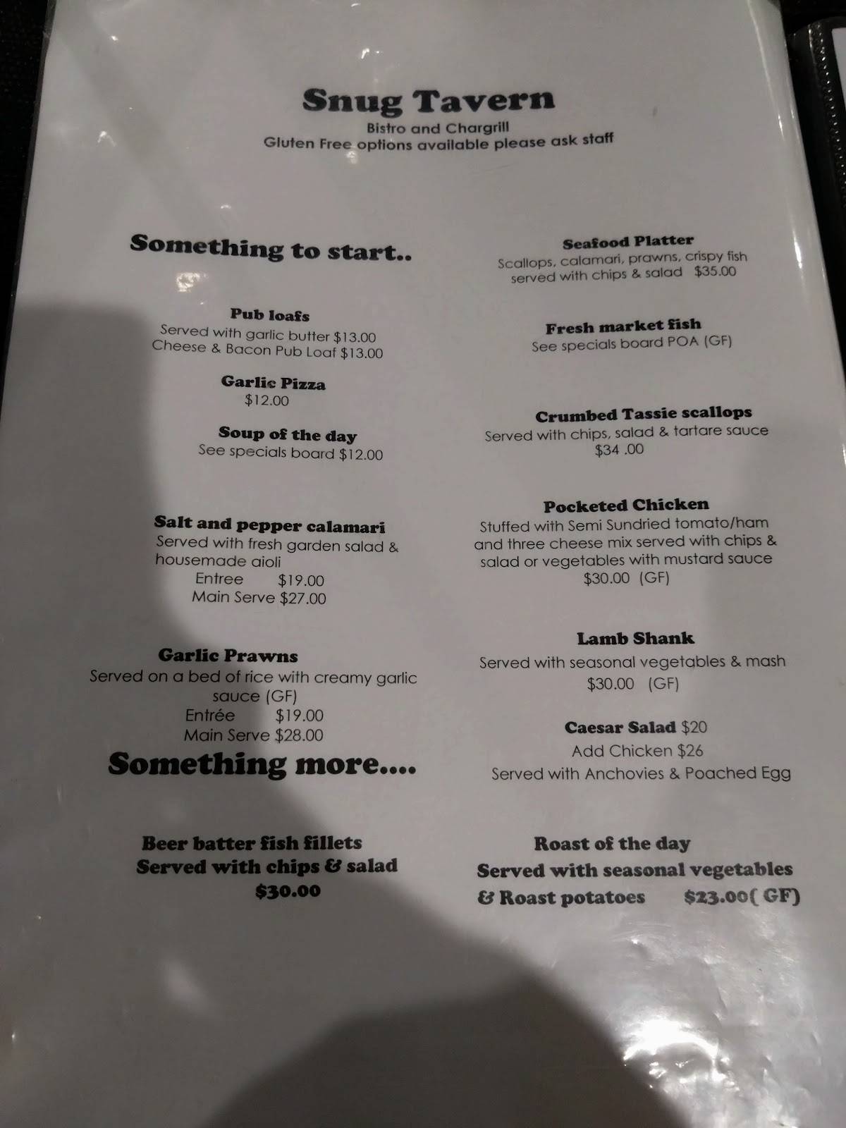 Menu at Snug Tavern pub & bar, Snug