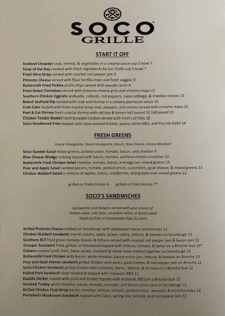 Menu at SoCo Grille restaurant, York, 8 N Congress St