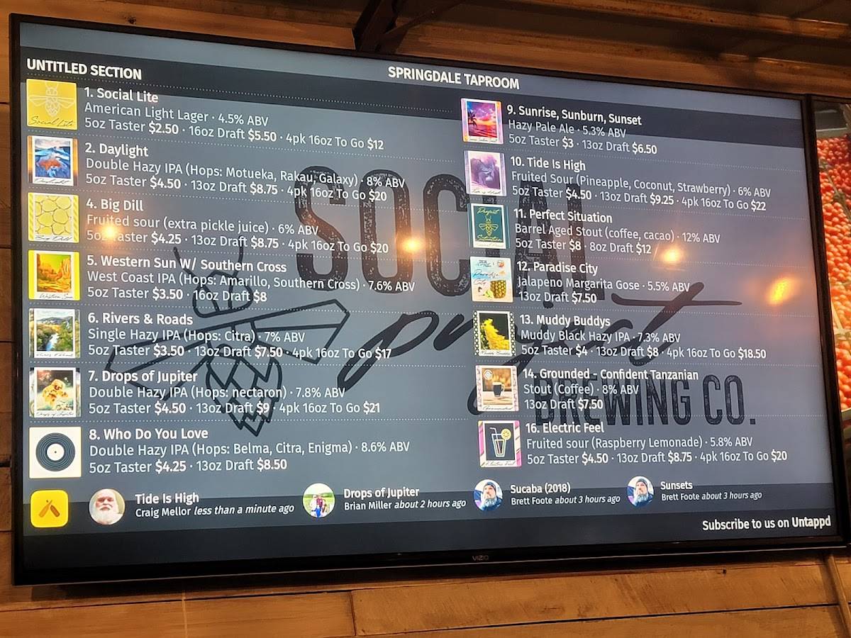 Menu at Social Project Brewing Co. pub & bar, Springdale