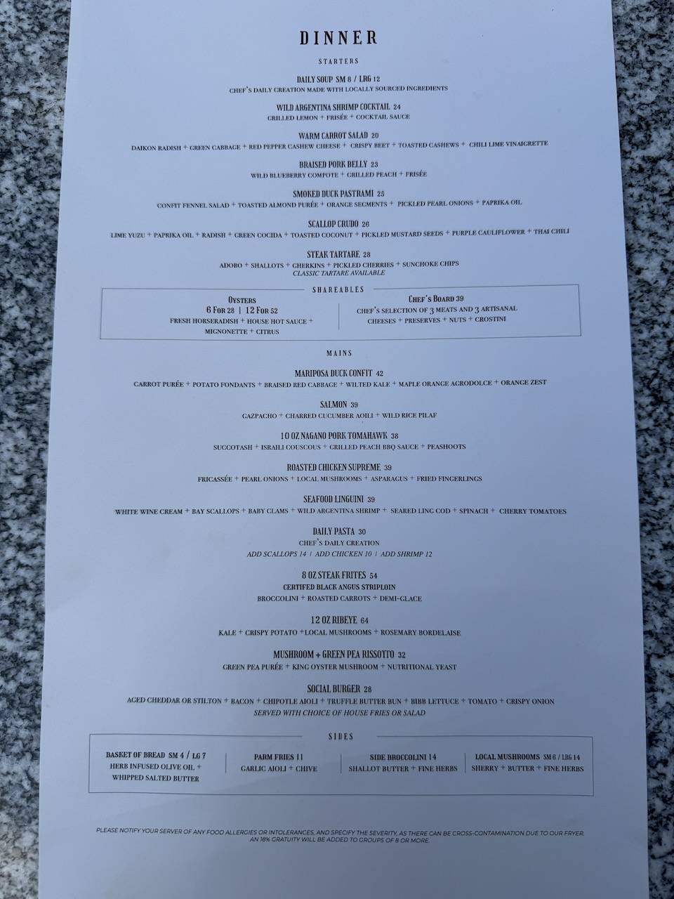 Menu at Social Restaurant + Lounge, Ottawa