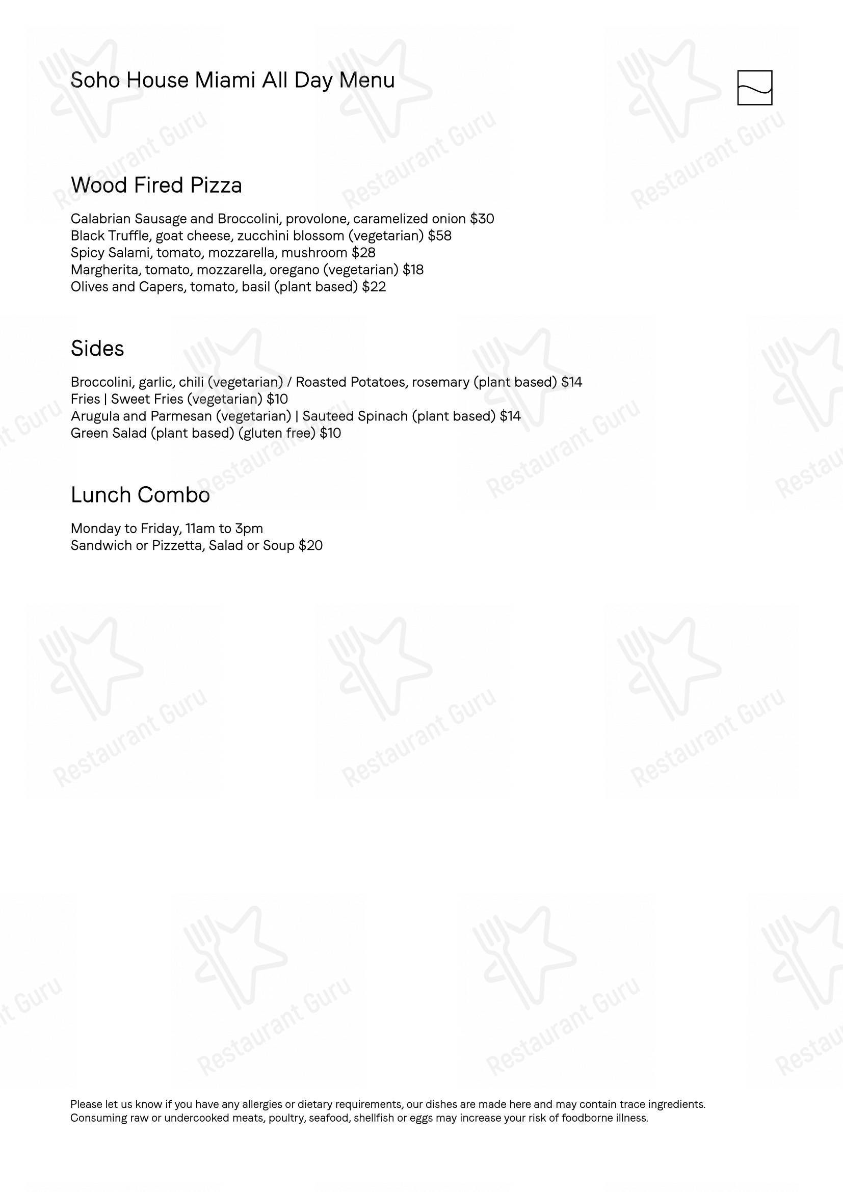 Menu at Soho Beach House pub & bar, Miami Beach