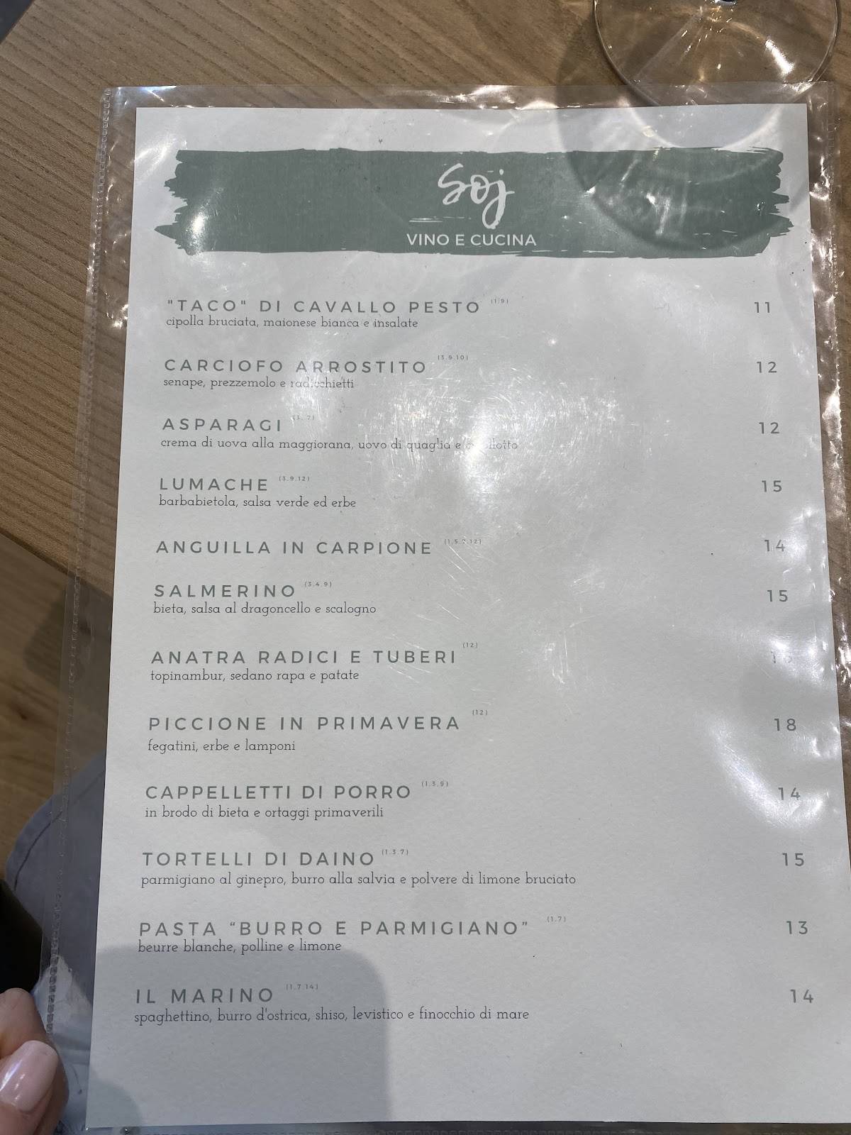 Menu da Soj ristorante, Parma