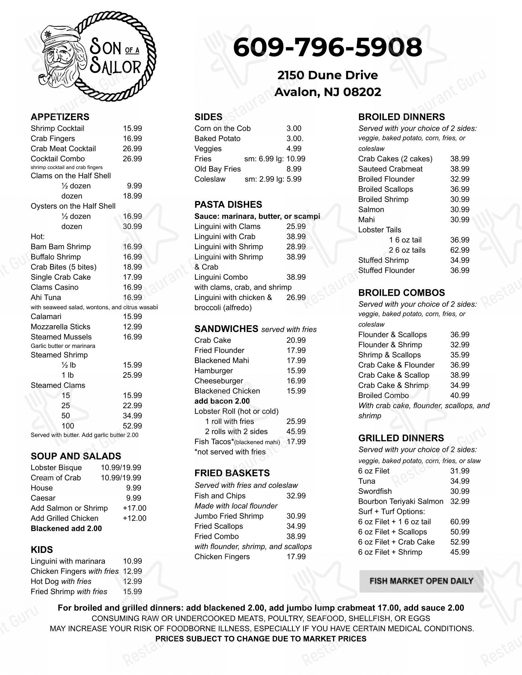 Menu at Son of a Sailor Seafood restaurant, Avalon