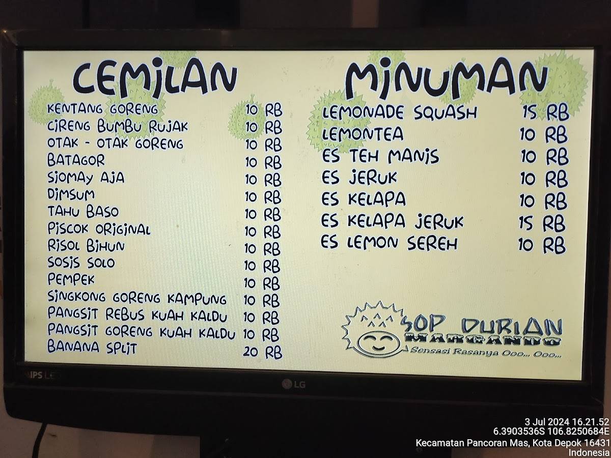 Menu at Sop Durian Margando restaurant, Depok