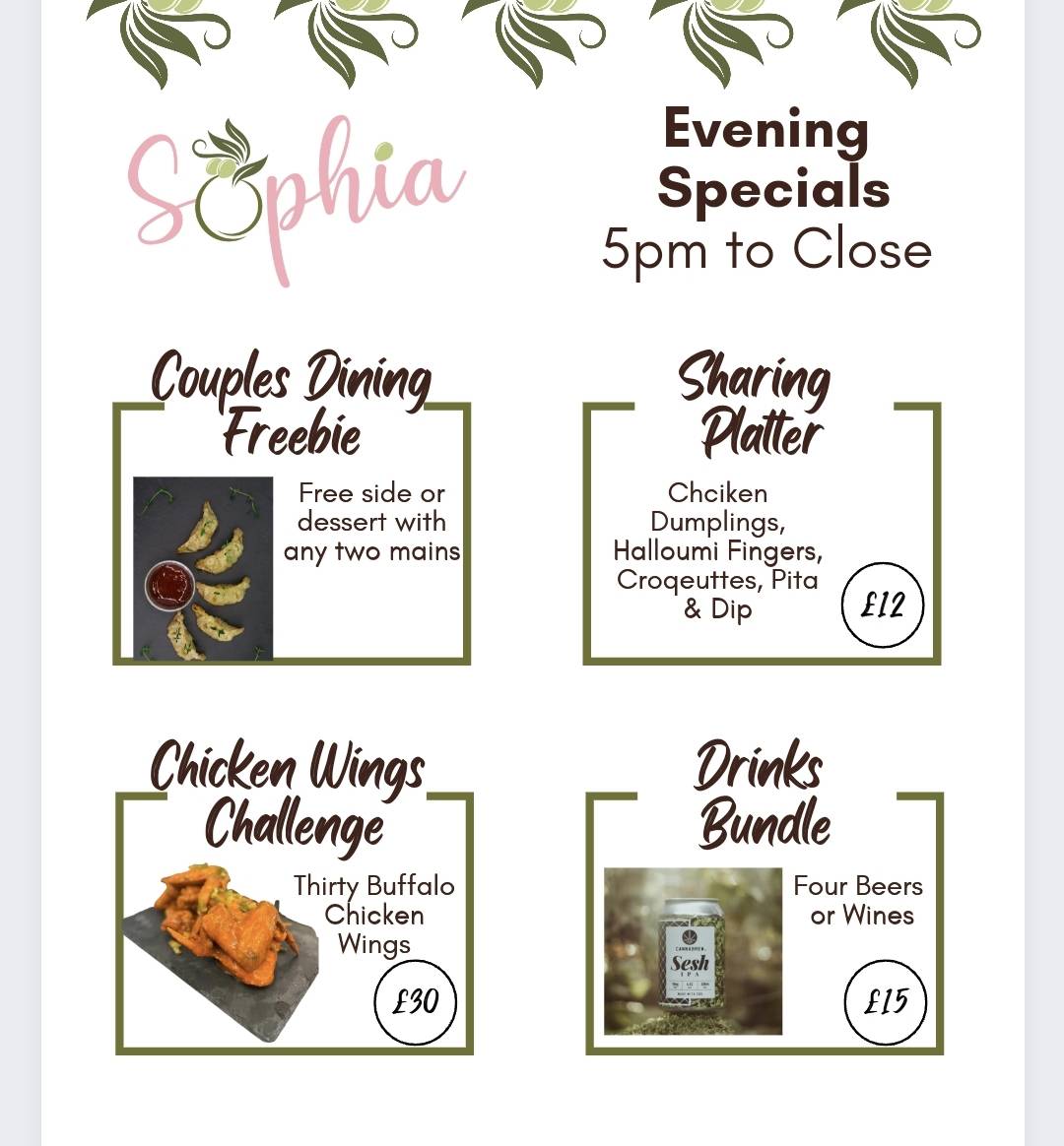 Carta de Sophia Restaurant, Londres