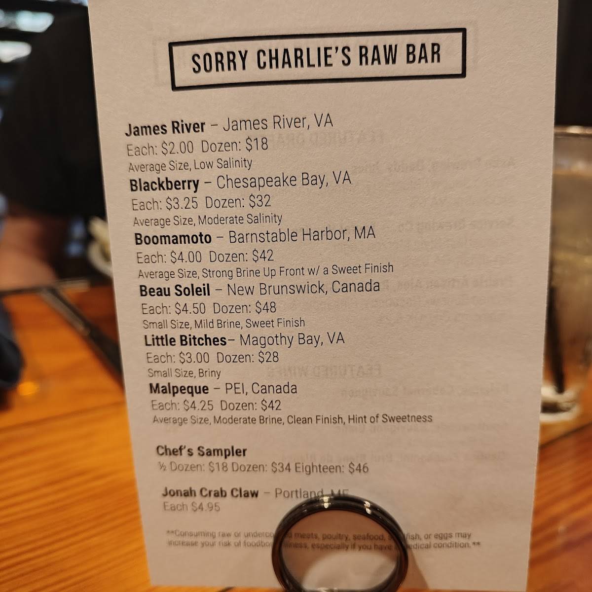 Menu at Sorry Charlie's Oyster Bar, Savannah
